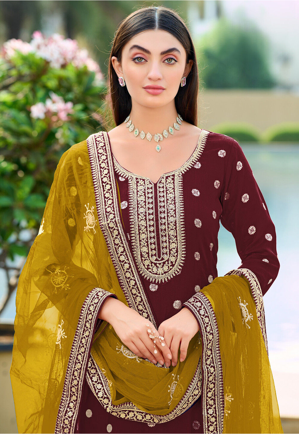 Buy Embroidered Viscose Silk Jacquard Pakistani Suit in Maroon Online ...