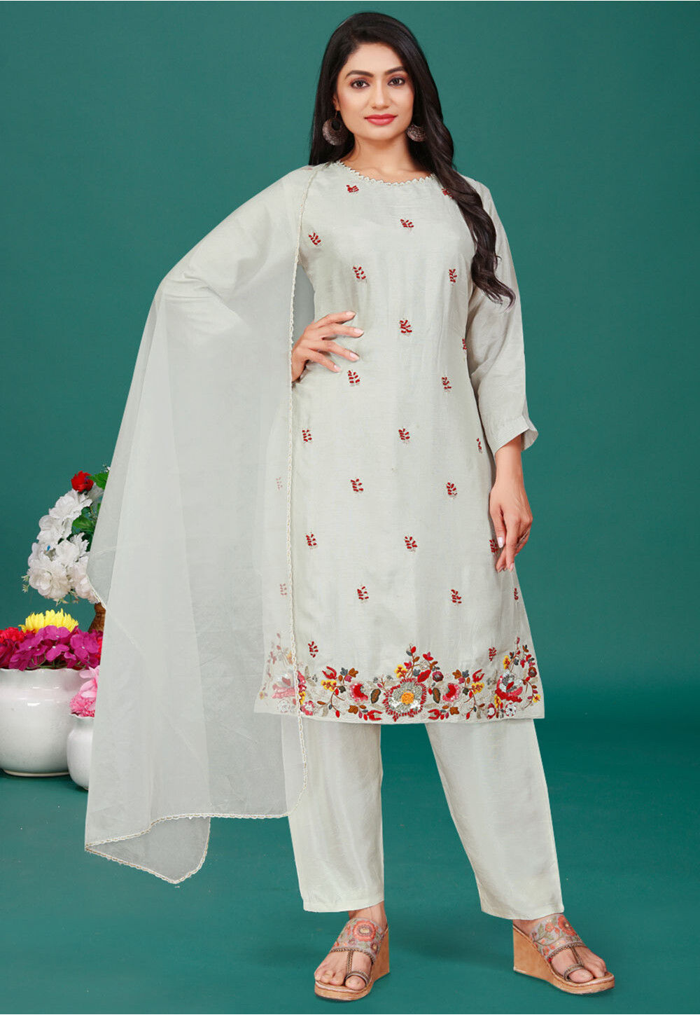 Buy Embroidered Viscose Silk Pakistani Suit in Light Grey Online ...