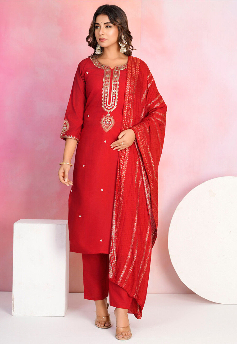Buy Embroidered Viscose Silk Pakistani Suit in Red Online : KJC5632 ...