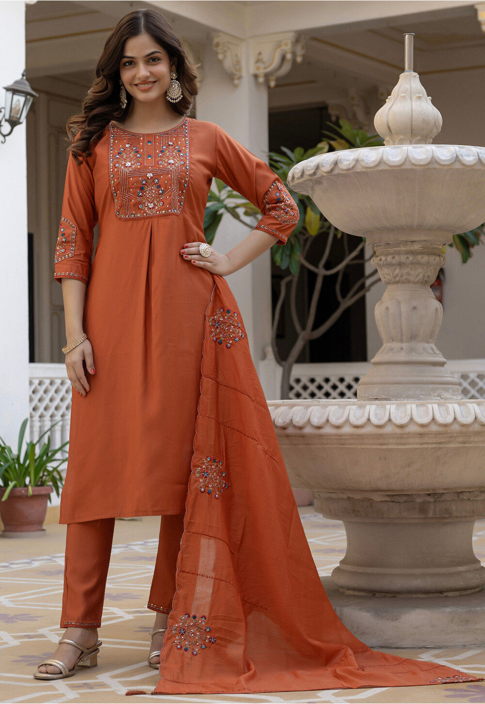 Buy Embroidered Viscose Silk Pakistani Suit in Rust Online : KRD1425 ...