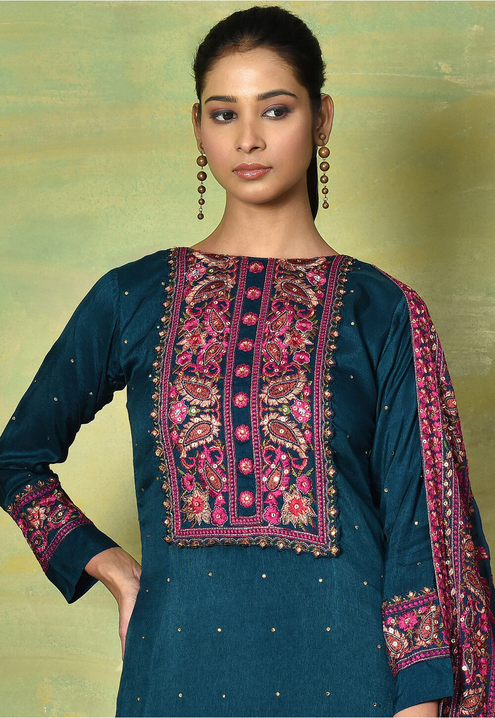 Buy Embroidered Viscose Silk Pakistani Suit in Teal Blue Online ...