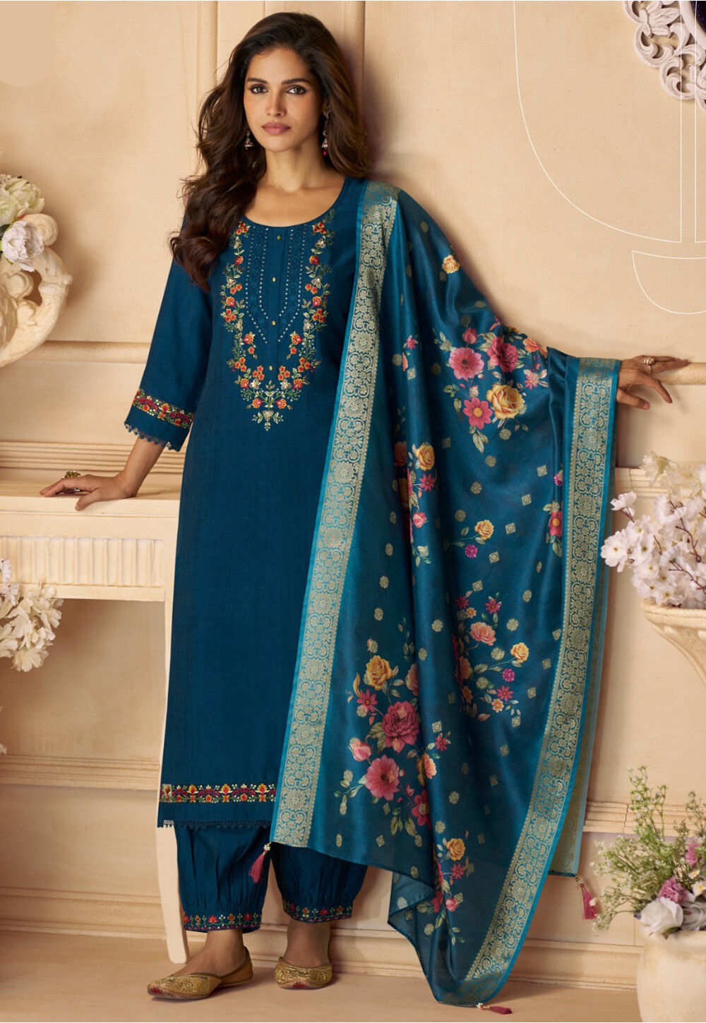Buy Embroidered Viscose Silk Punjabi Suit in Blue Online : KCH14536 ...
