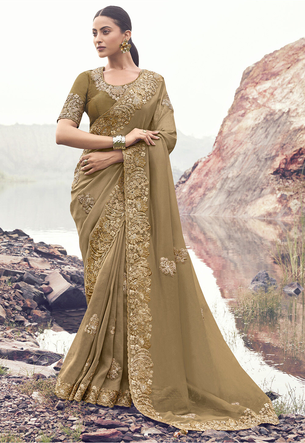 Buy Embroidered Viscose Silk Saree in Beige Online : SEW16341 - Utsav ...