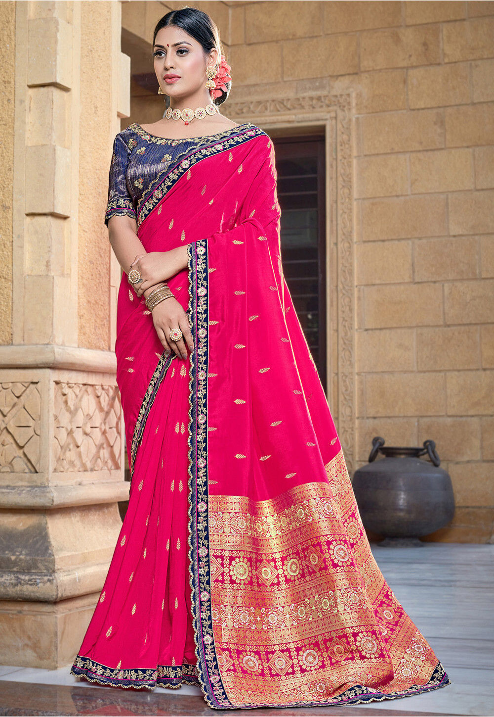 Buy Embroidered Viscose Silk Scalloped Saree in Pink Online : SBHA3482 ...