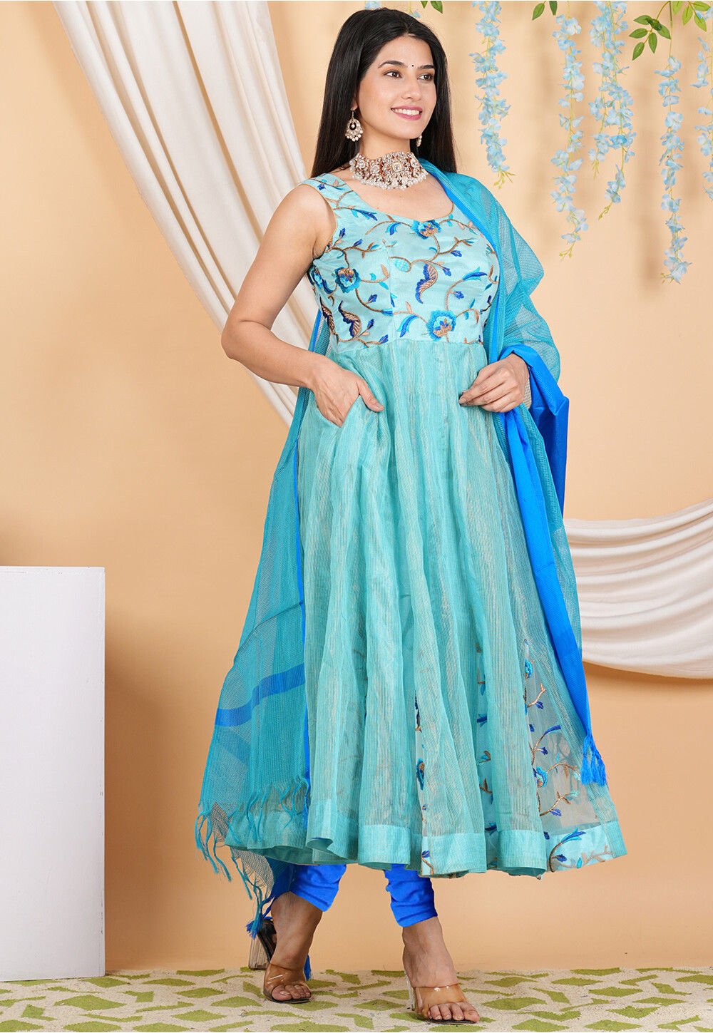 Buy EmbroideredPure Kota Tissue Anarkali Suit in Pastel Blue Online ...