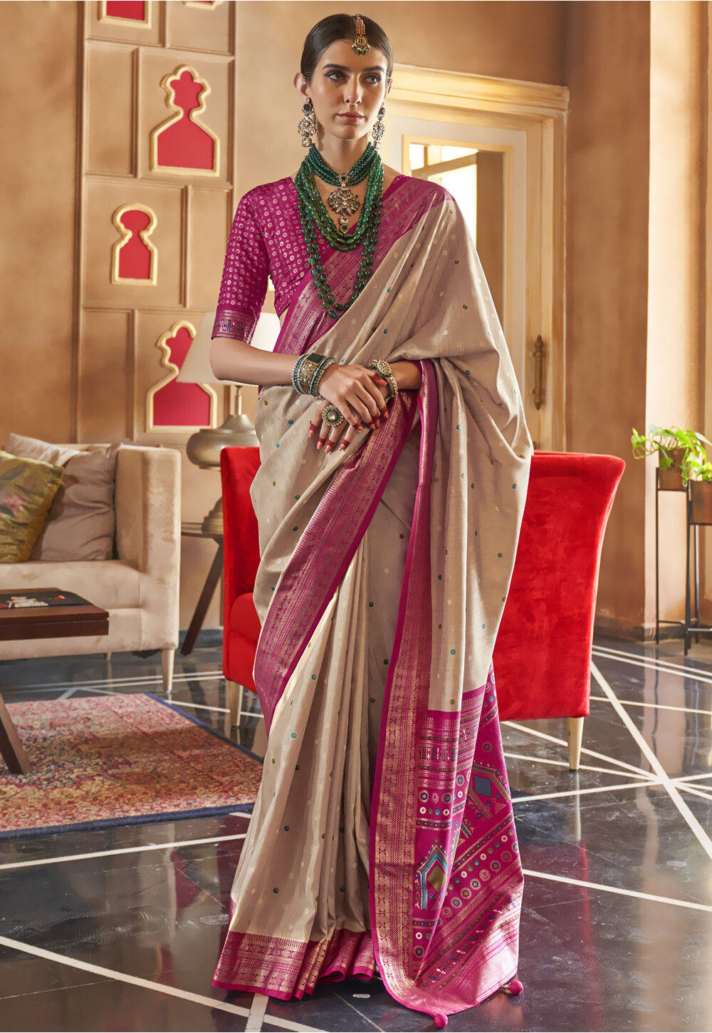 Buy Foil Printed Art Silk Saree in Fawn Online : SSEA4413 - Utsav Fashion