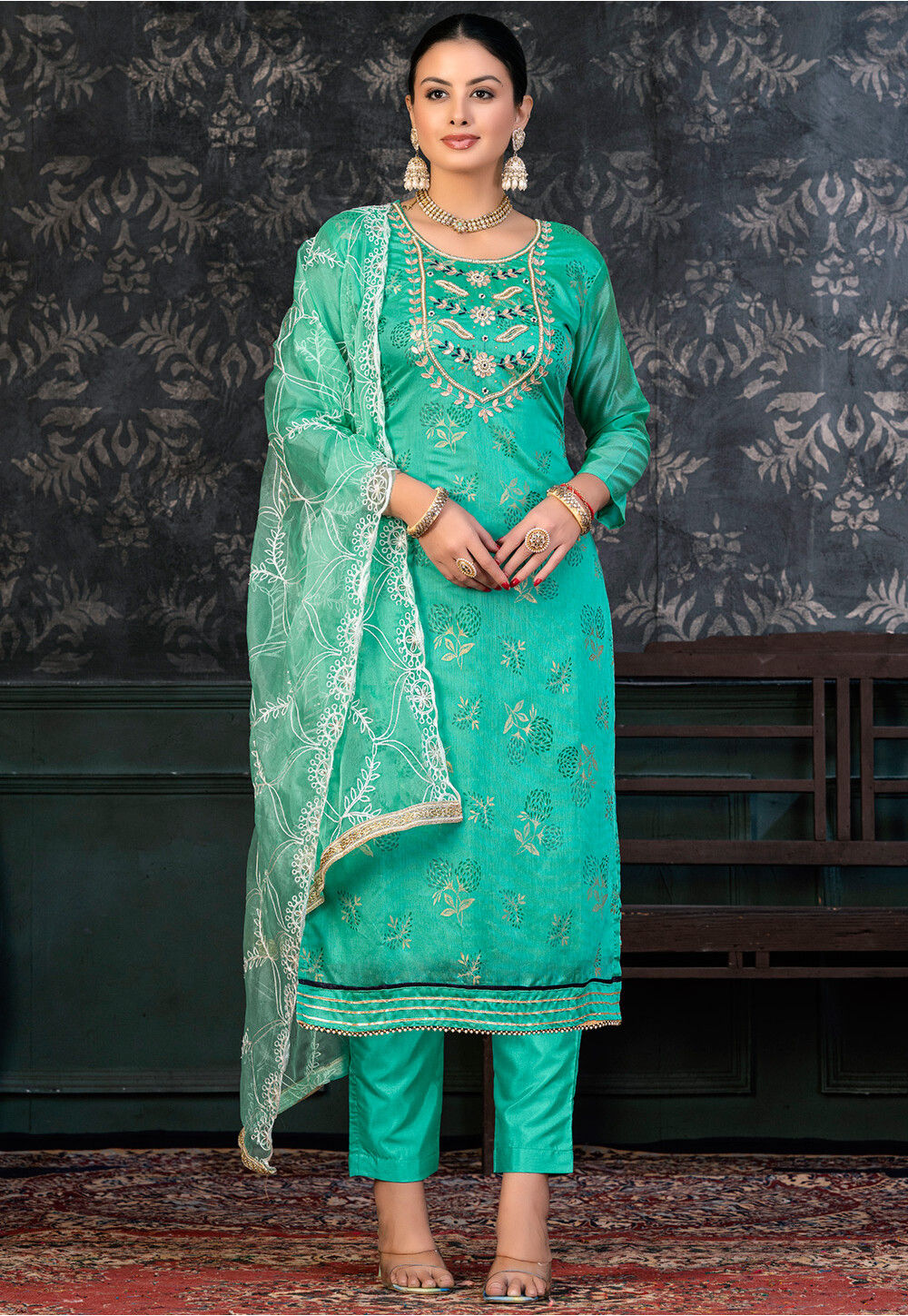 Buy Foil Printed Chanderi Silk Pakistani Suit in Turquoise Online ...