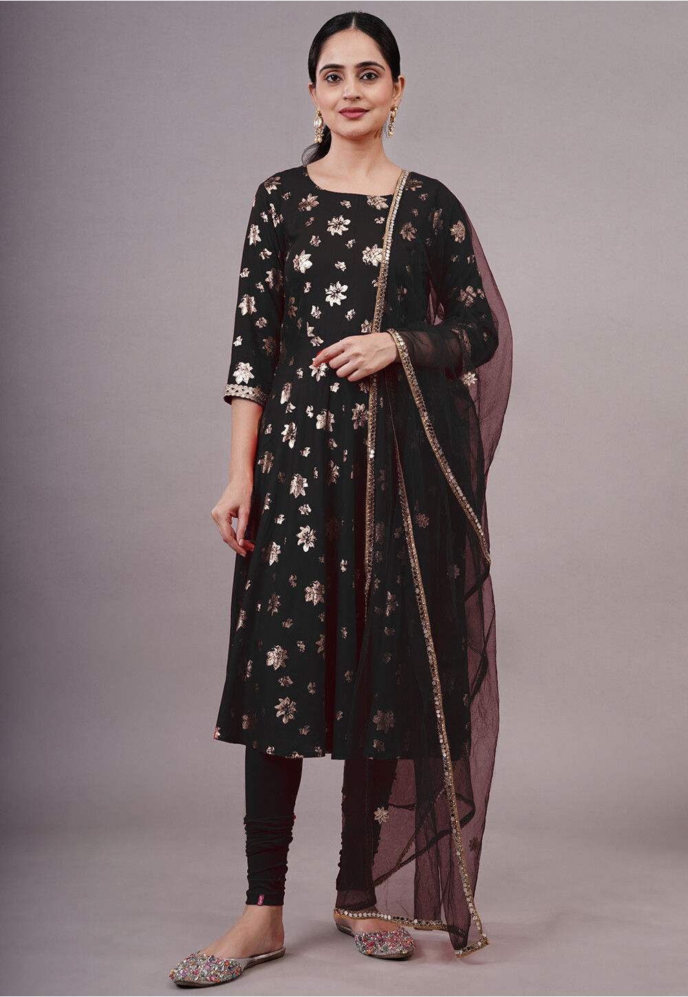 Buy Foil Printed Cotton A Line Suit in Black Online : KUR700 - Utsav ...