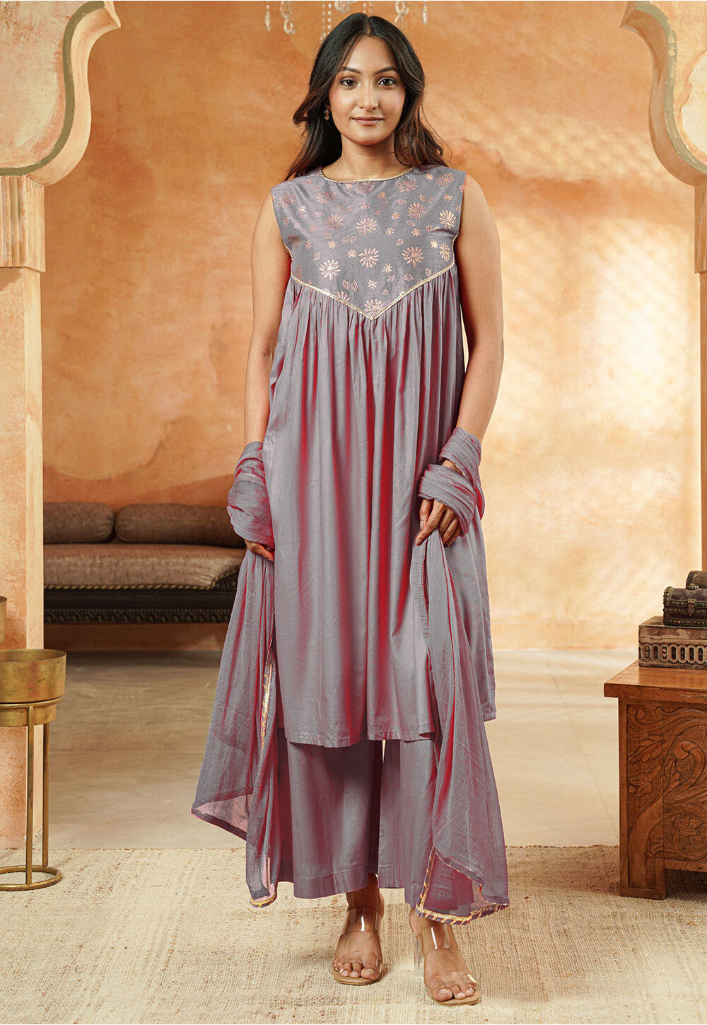 Buy Foil Printed Cotton A Line Suit in Grey Online : KUFC195 - Utsav ...