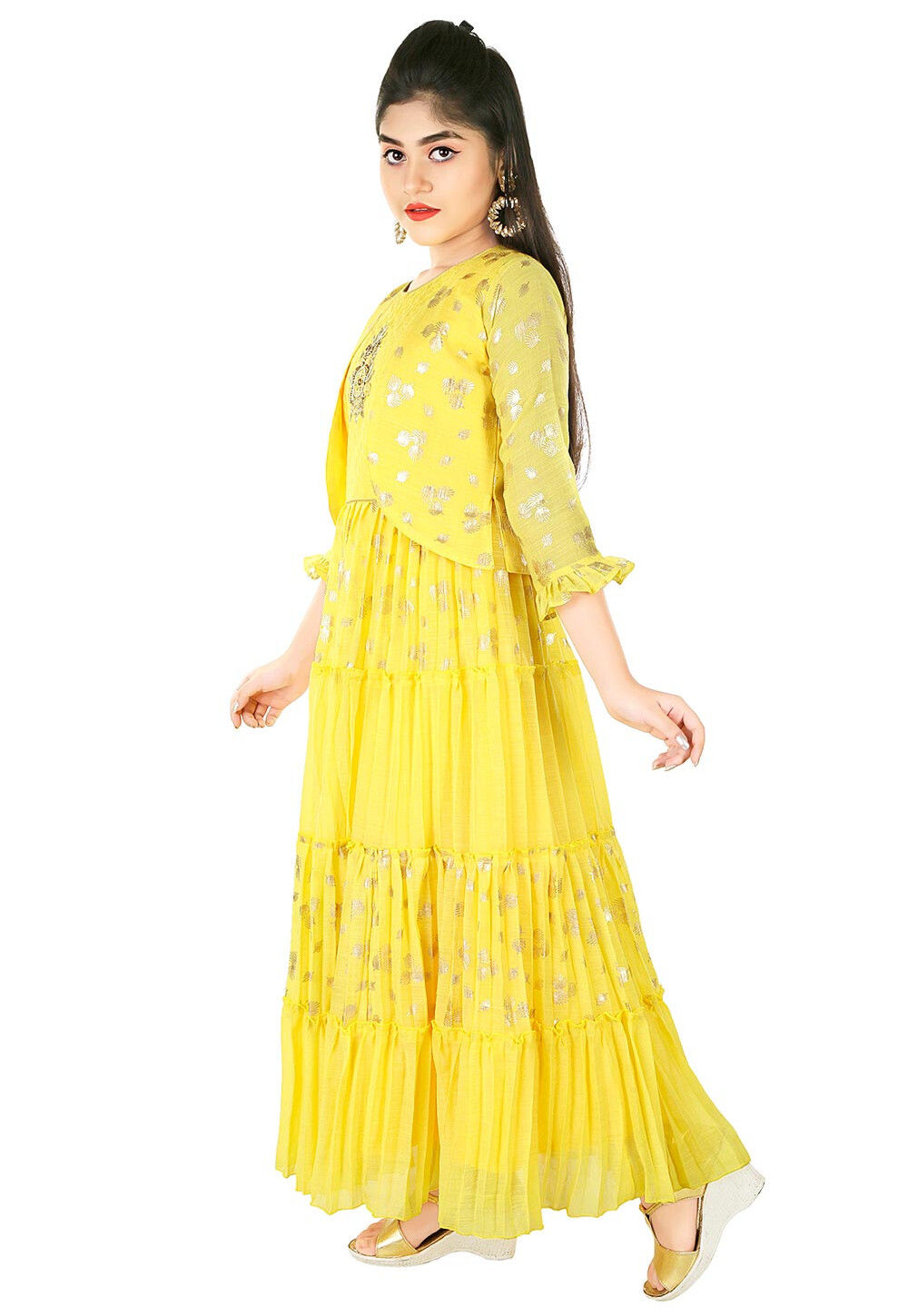 Buy Foil Printed Cotton Gown in Yellow Online : USX75 - Utsav Fashion
