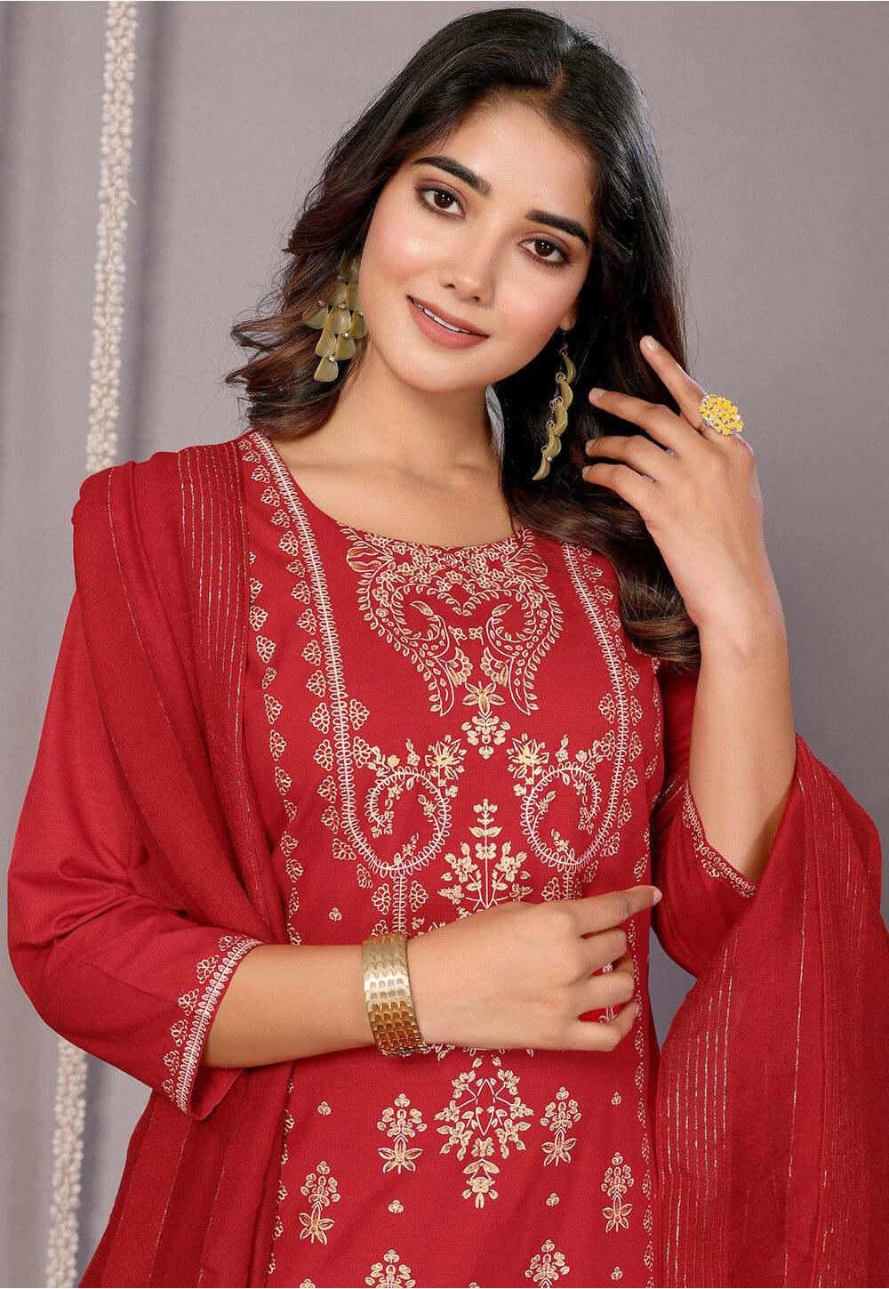 Buy Foil Printed Cotton Slub Pakistani Suit in Red Online : KHQ64 ...