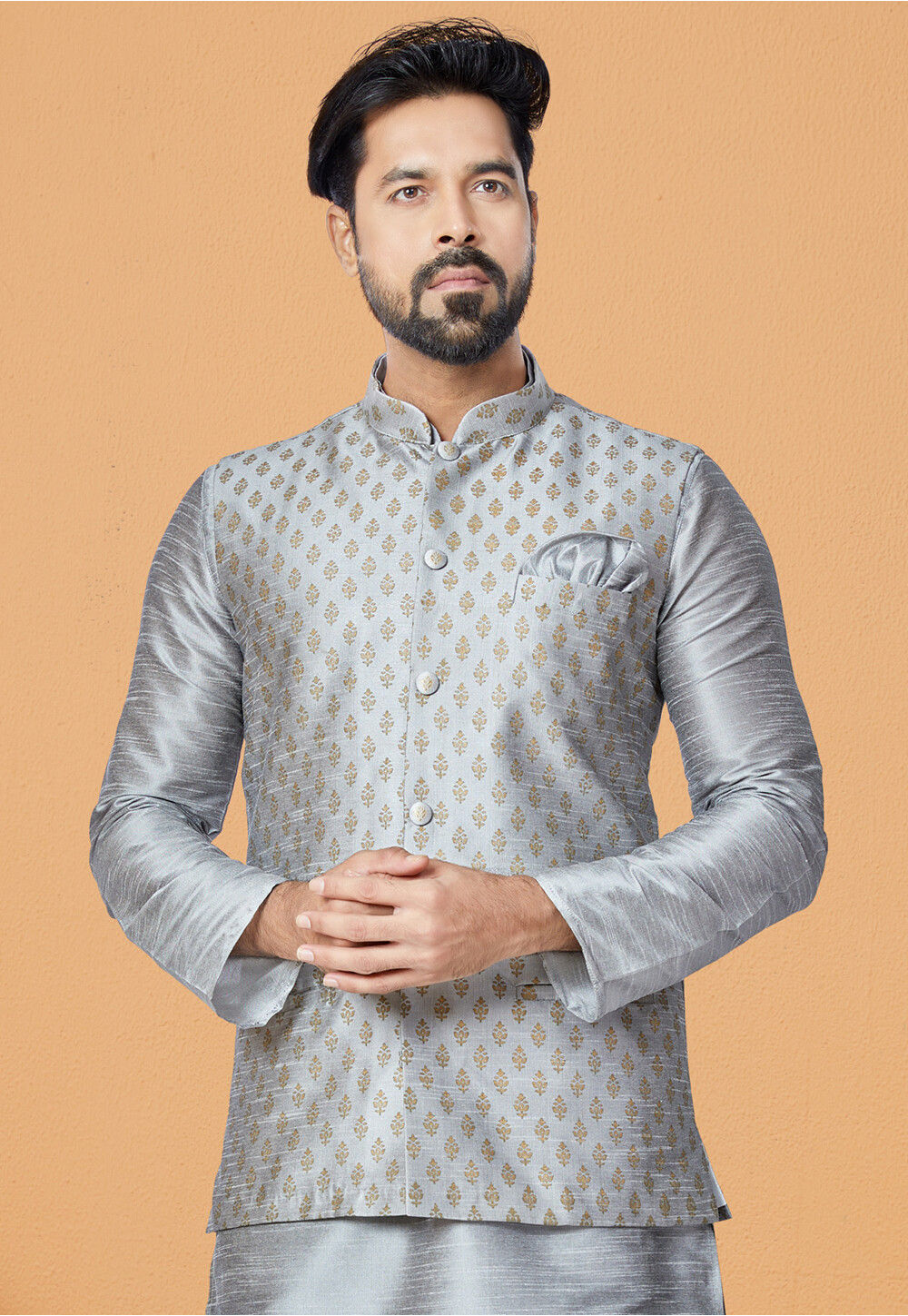 Buy Foil Printed Dupion Silk Nehru Jacket in Grey Online : MDW1476 ...