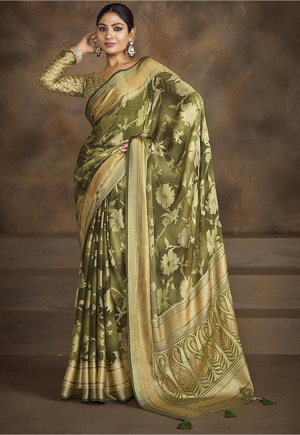 Buy Foil Printed Georgette Brasso Saree in Light Olive Green Online ...