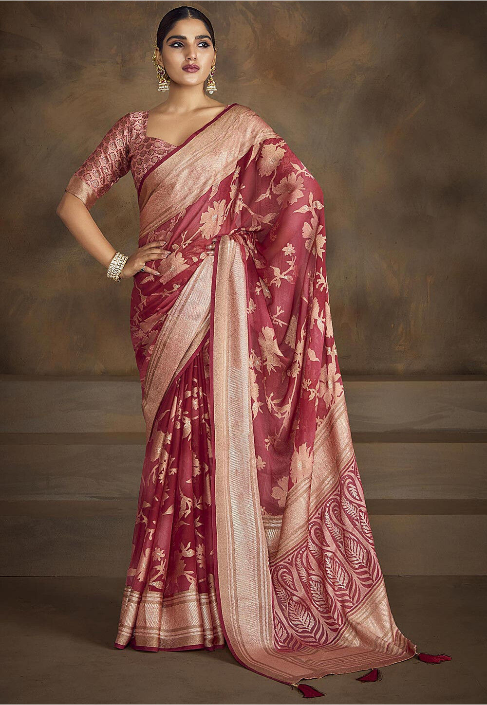 Buy Foil Printed Georgette Brasso Saree in Maroon Online : SEW15079 ...