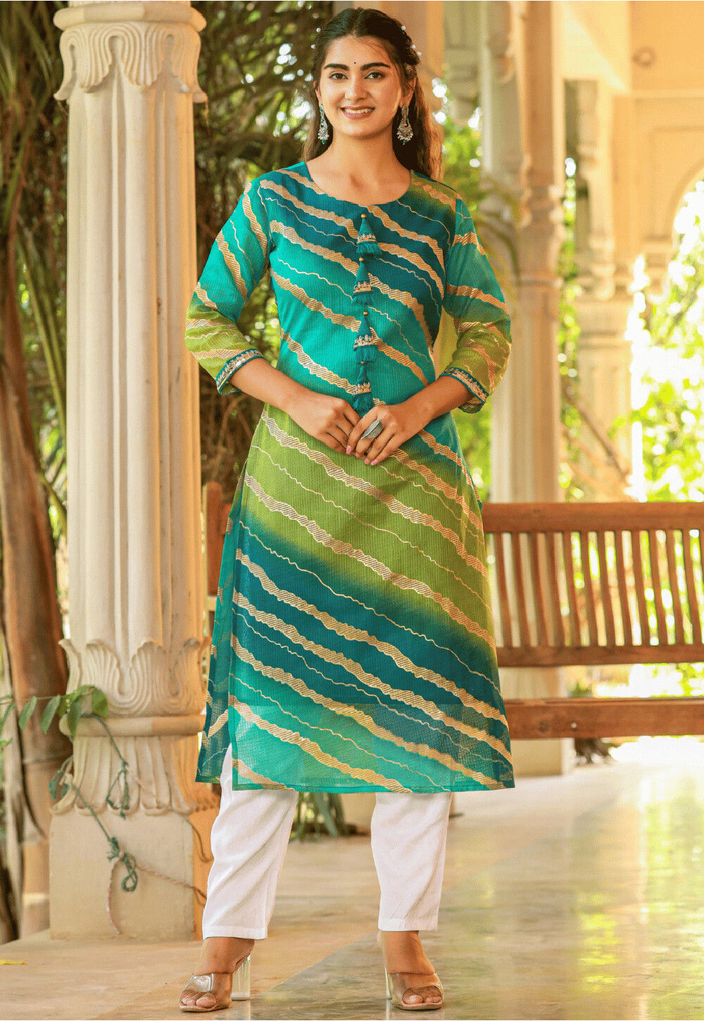 Buy Foil Printed Kota Doria Straight Kurta in Green Online : TXR847 - Utsav Fashion