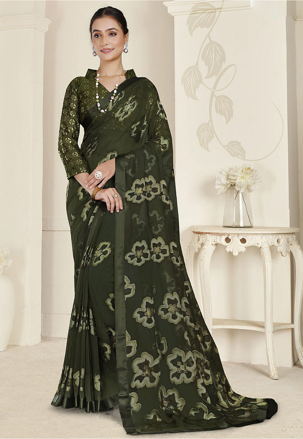 Buy Foil Printed Organza Brasso Saree in Olive Green Online : SSEA3024 ...