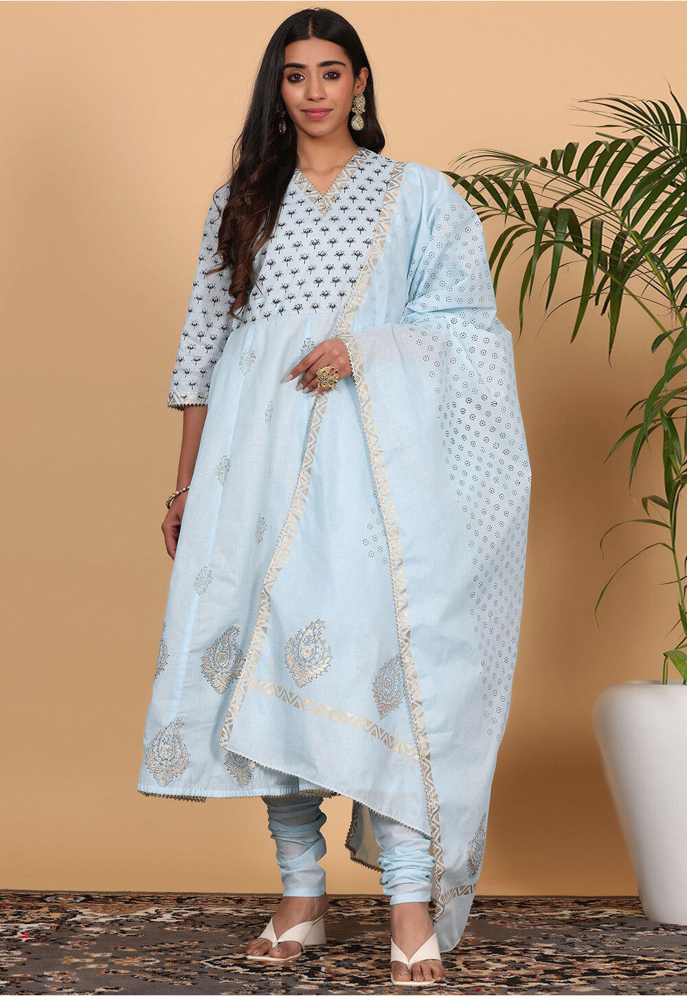 Buy Foil Printed Pure Cotton Aline Suit in Sky Blue Online : KXH420 ...