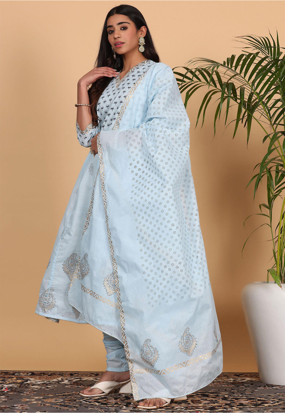 Buy Foil Printed Pure Cotton Aline Suit in Sky Blue Online : KXH420 ...
