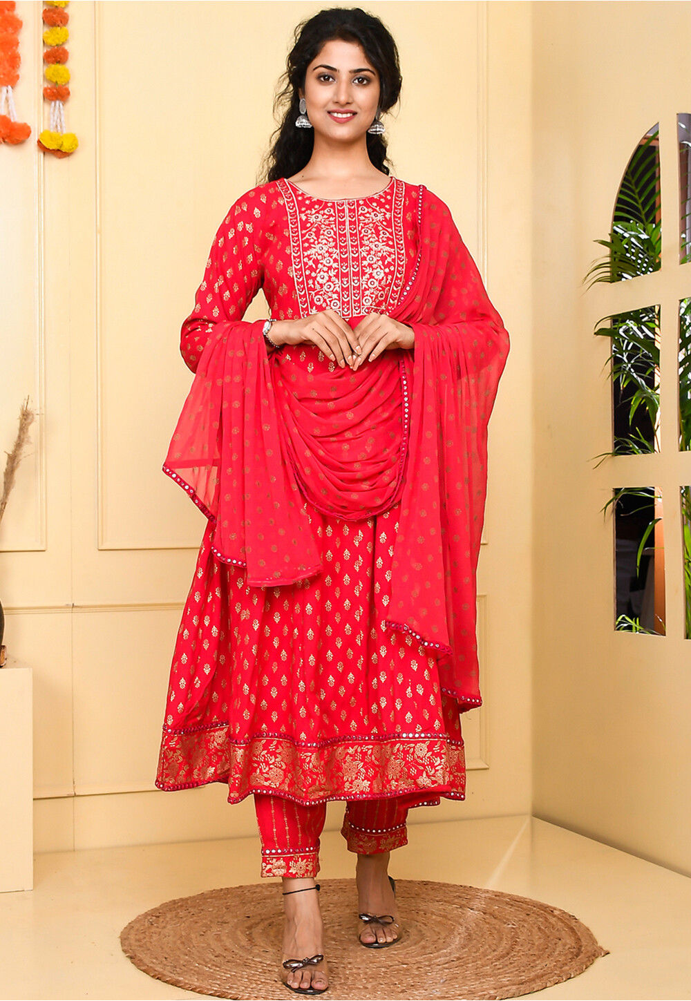 Buy Foil Printed Rayon Anarkali Suit in Dark Fuchsia Online : KPX69 - Utsav Fashion