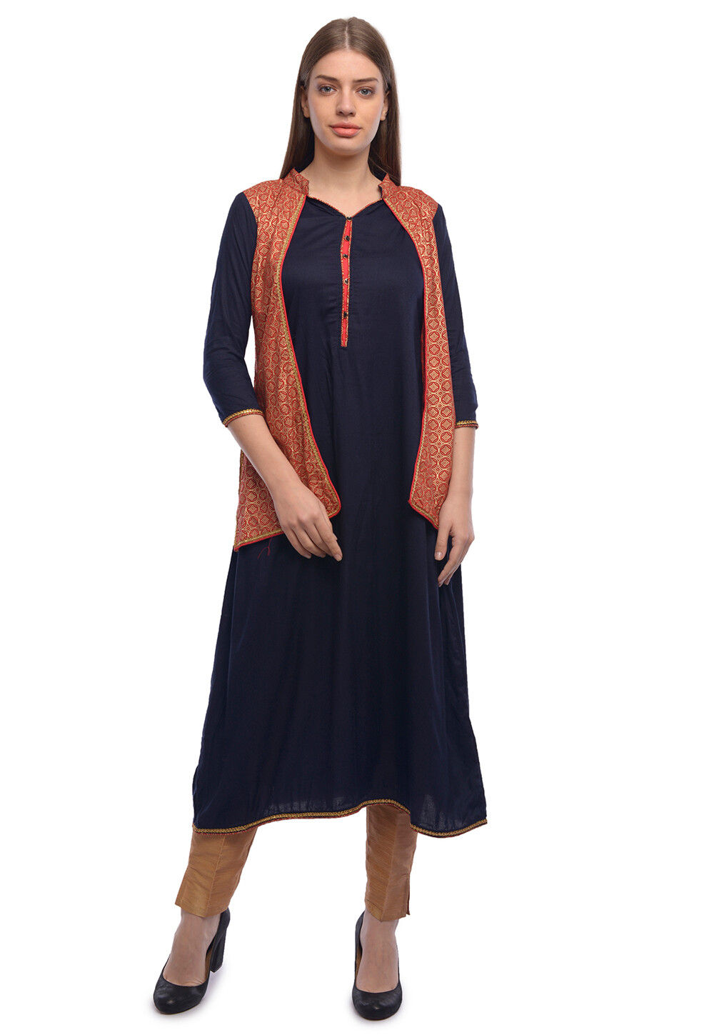 Buy Foil Printed Rayon Jacket Style A Line Kurta in Dark Blue and Red ...