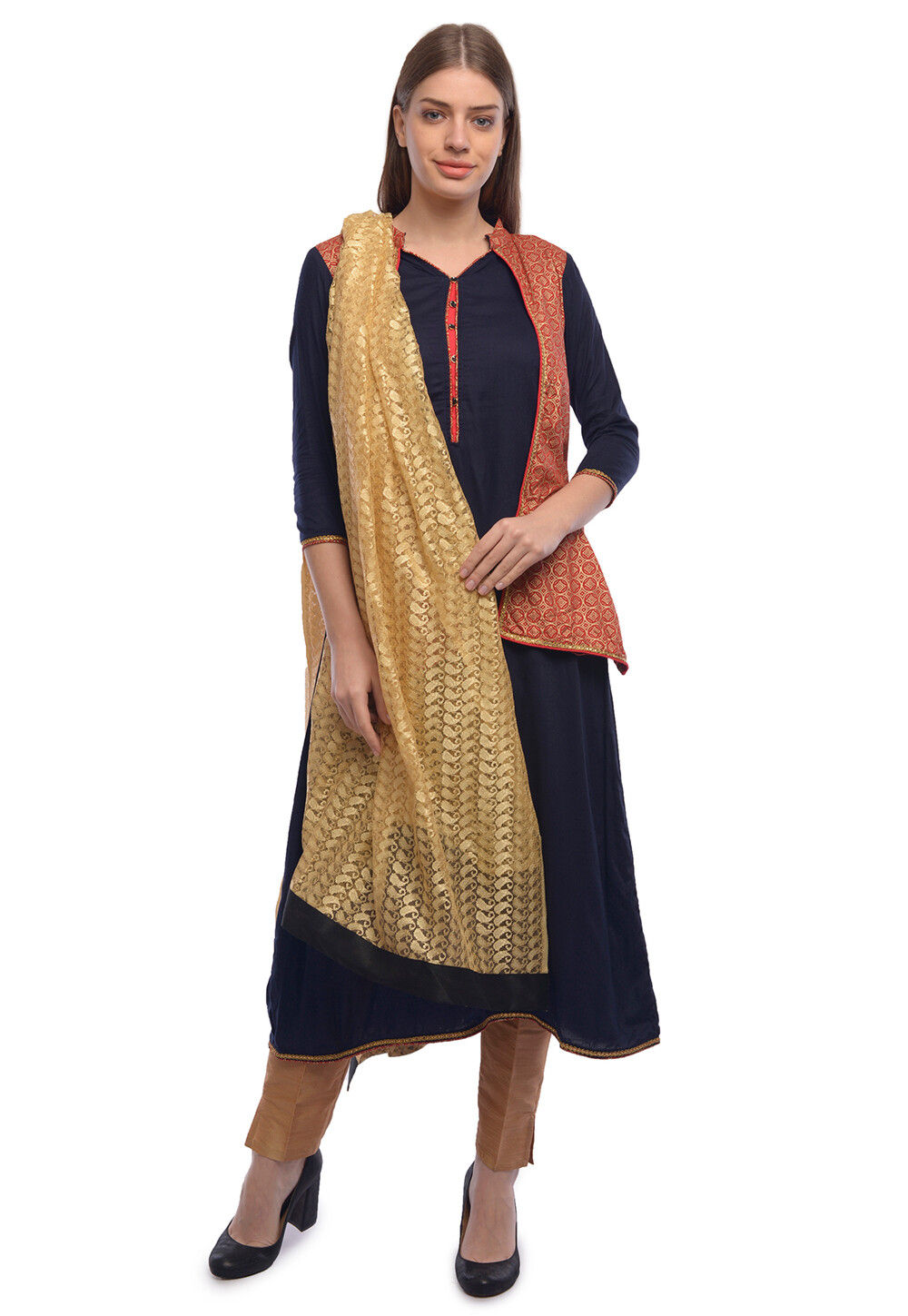 Buy Foil Printed Rayon Jacket Style A Line Suit in Dark Blue and Red ...