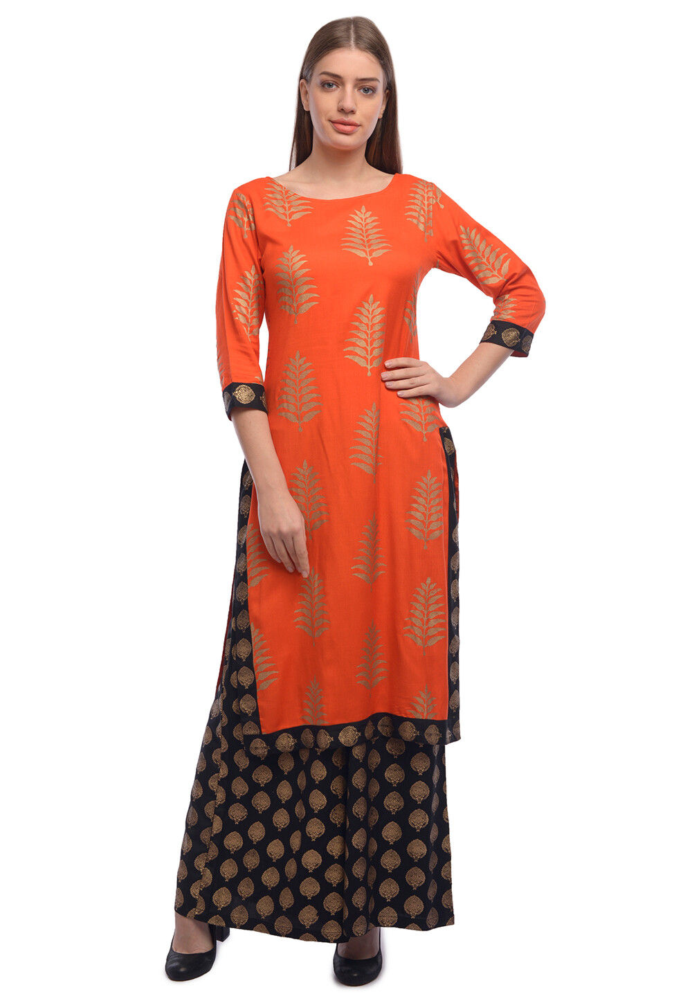 Buy Foil Printed Rayon Straight Kurta Set in Orange Online : TVE1805 ...
