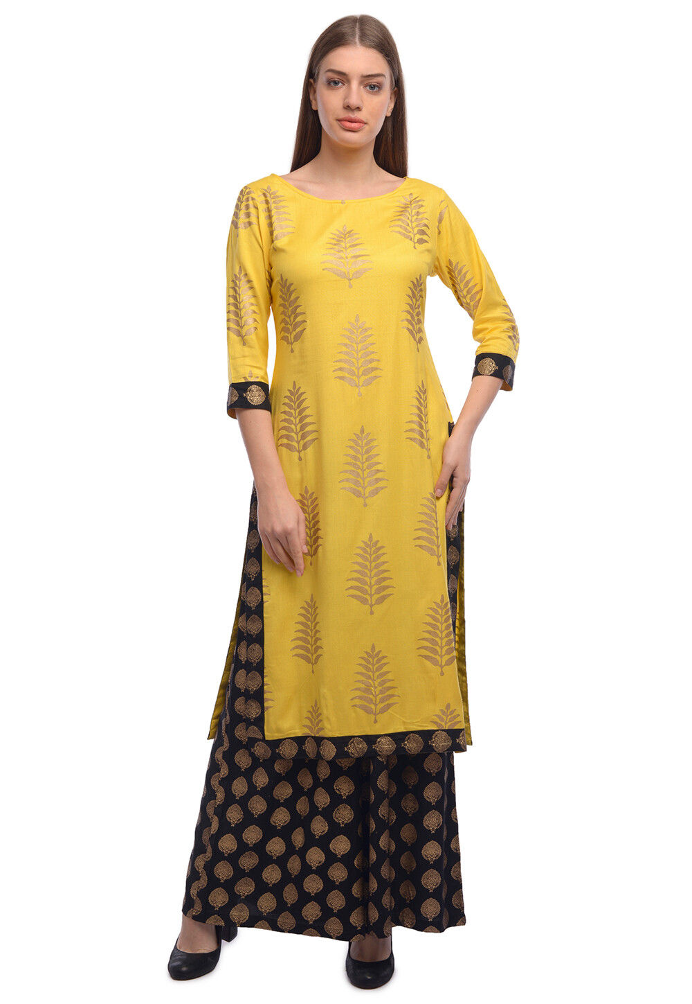 Buy Foil Printed Rayon Straight Kurta Set in Yellow Online : TVE1806 ...