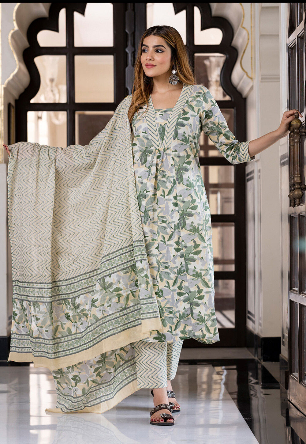 Buy Foliage Printed Pure Cotton A Line Suit in Off White Online ...