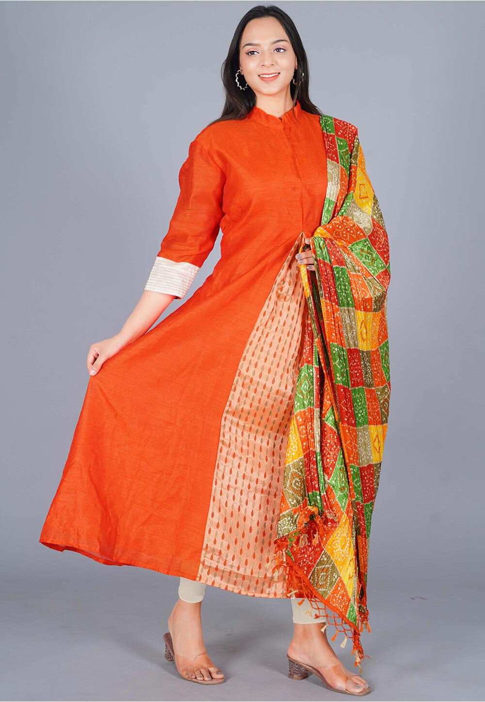 Buy Front Slit Art Silk Anarkali Suit in Orange Online : KJN4249 ...