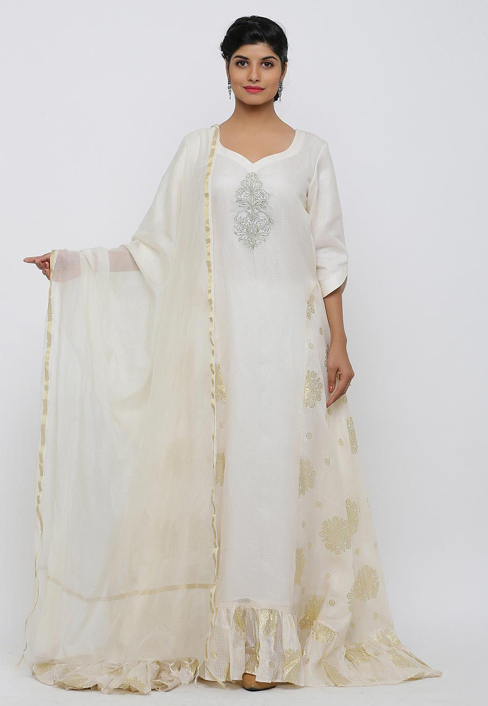 Buy Golden Printed Kota Silk Ruffled Hem Abaya Style Suit in Cream ...
