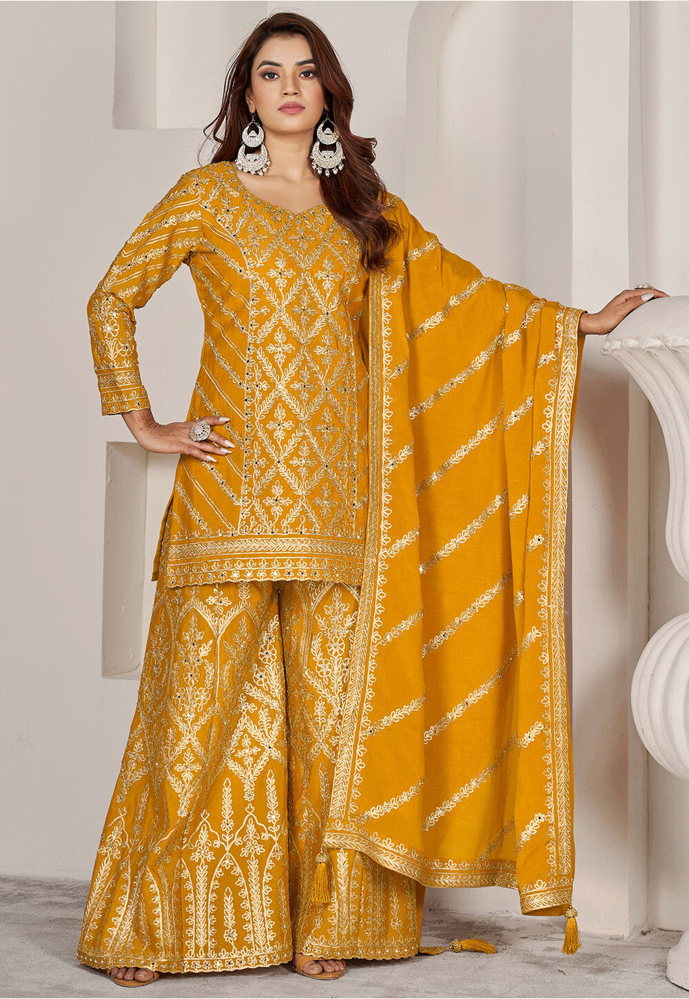 Buy Gota Embellished Chinon Silk Pakistani Suit in Mustard Online ...