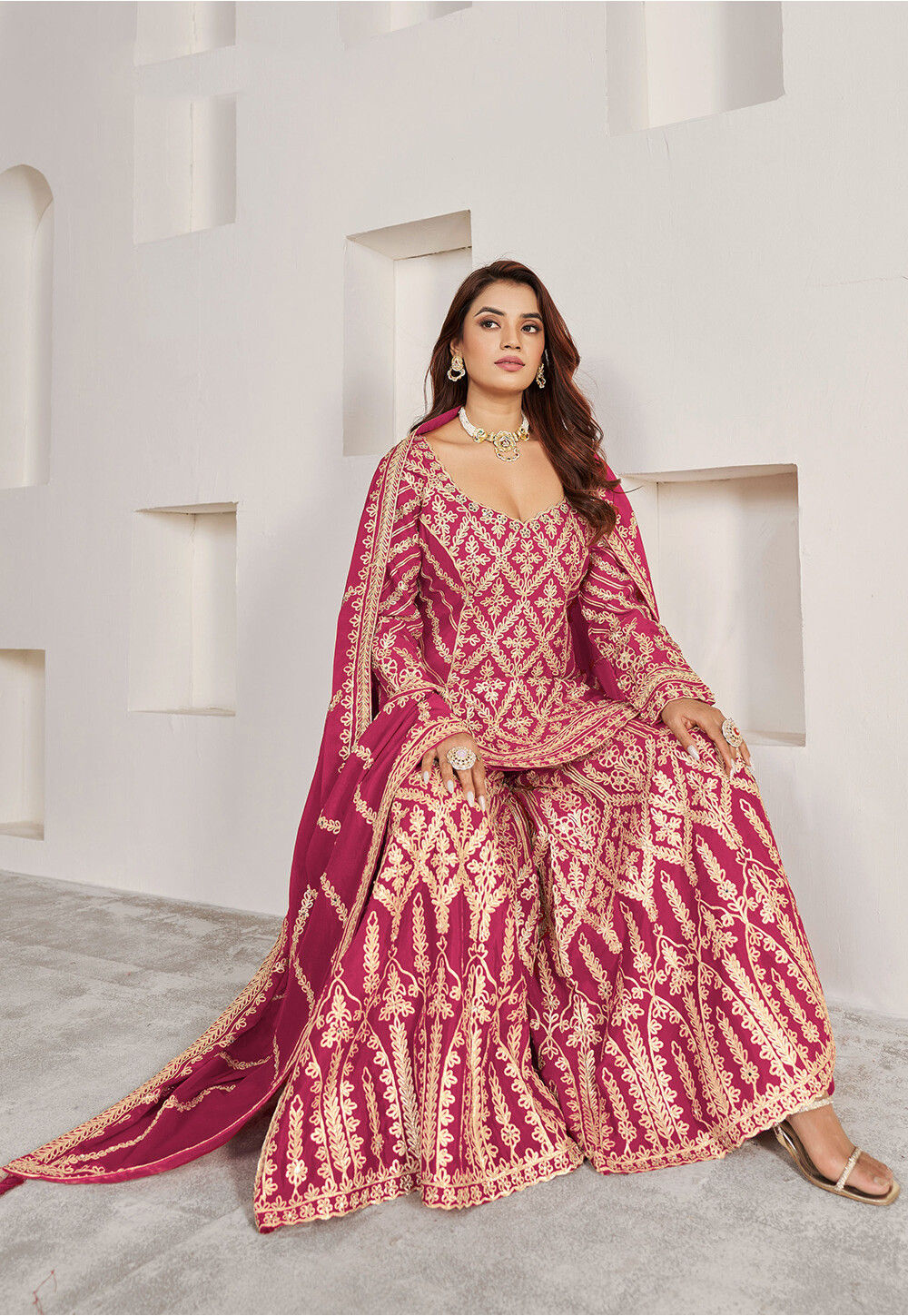 Buy Gota Embellished Chinon Silk Pakistani Suit in Pink Online ...