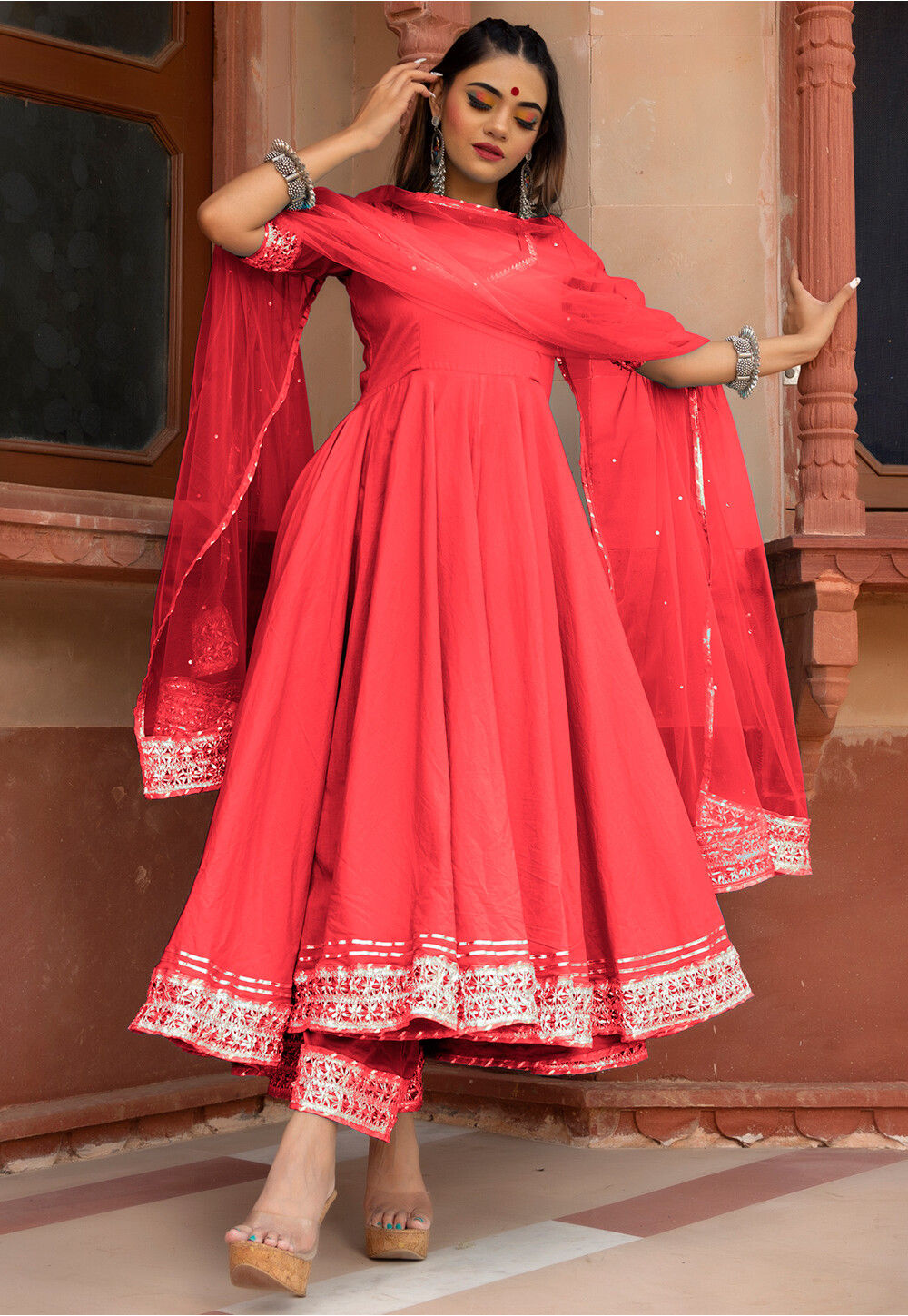 Buy Gota Embellished Cotton Anarkali Suit in Corel Red Online : KJN4671 ...