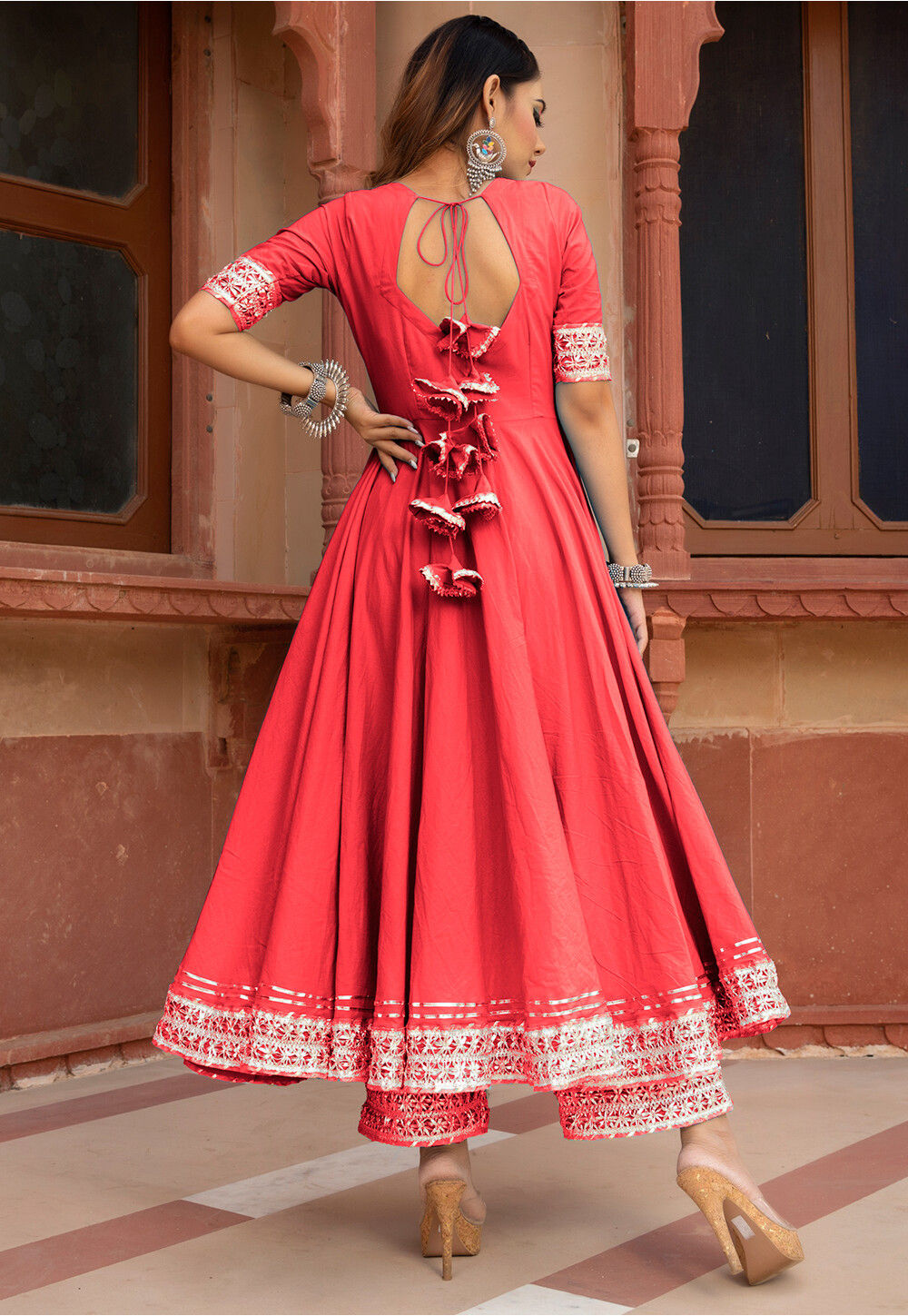 Buy Gota Embellished Cotton Anarkali Suit in Corel Red Online : KJN4671 ...
