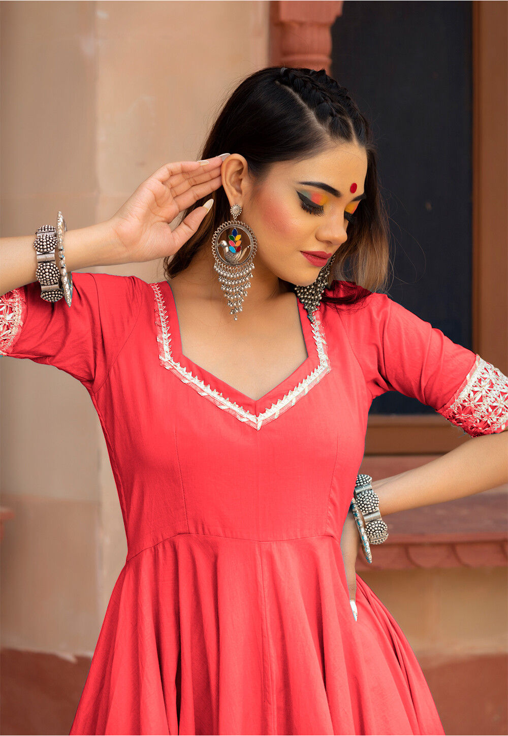Buy Gota Embellished Cotton Anarkali Suit in Corel Red Online : KJN4671 ...
