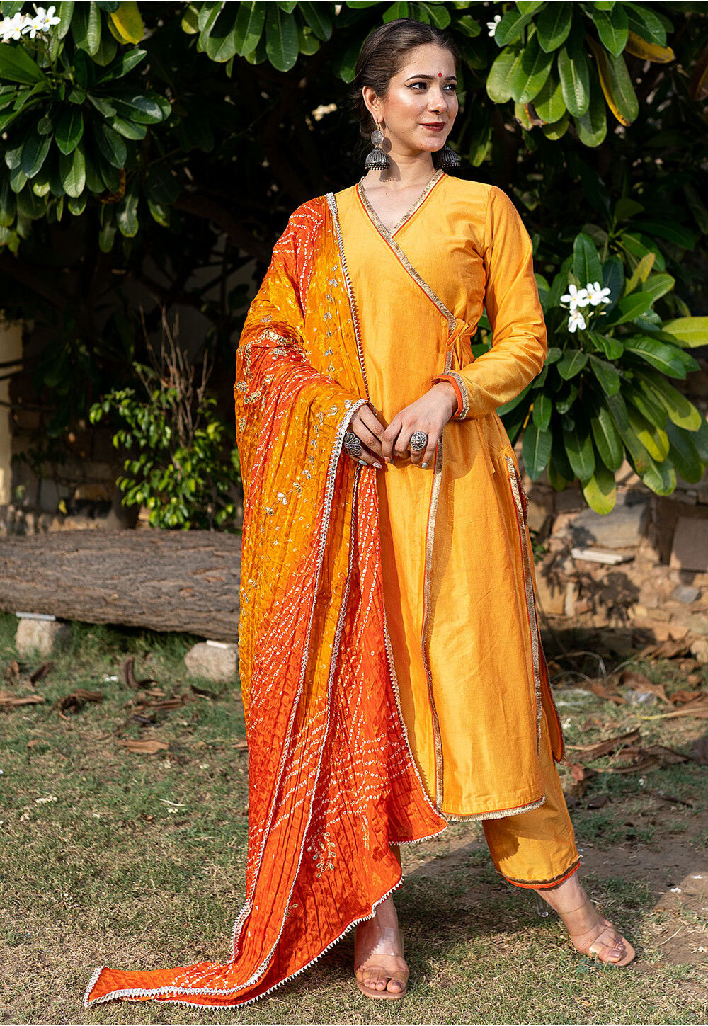 Buy Gota Embellished Pure Cotton Silk Angrakha Pakistani Suit in Yellow ...