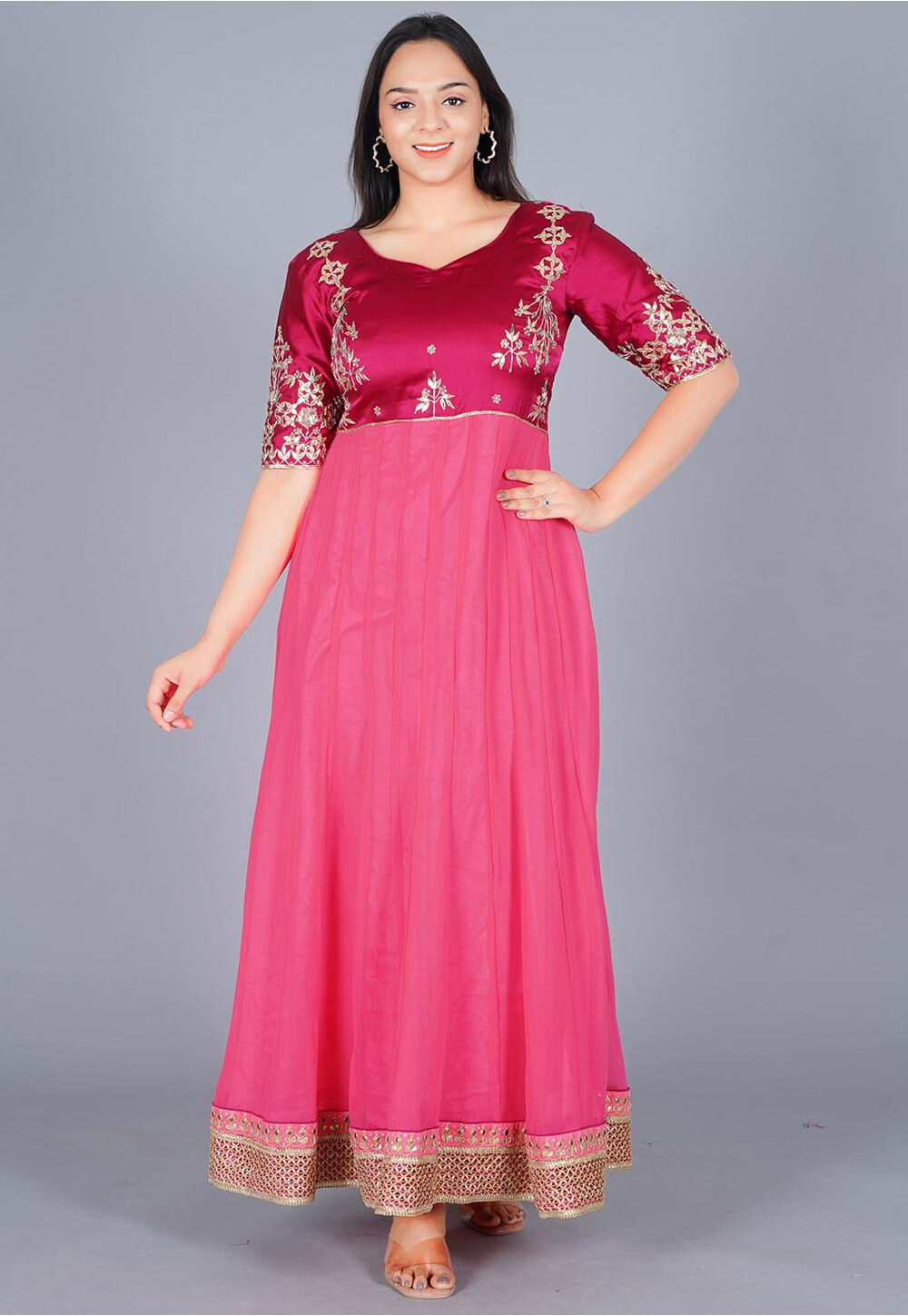 Buy Gota Embroidered Georgette Anarkali Kurta Set in Magenta and Coral ...