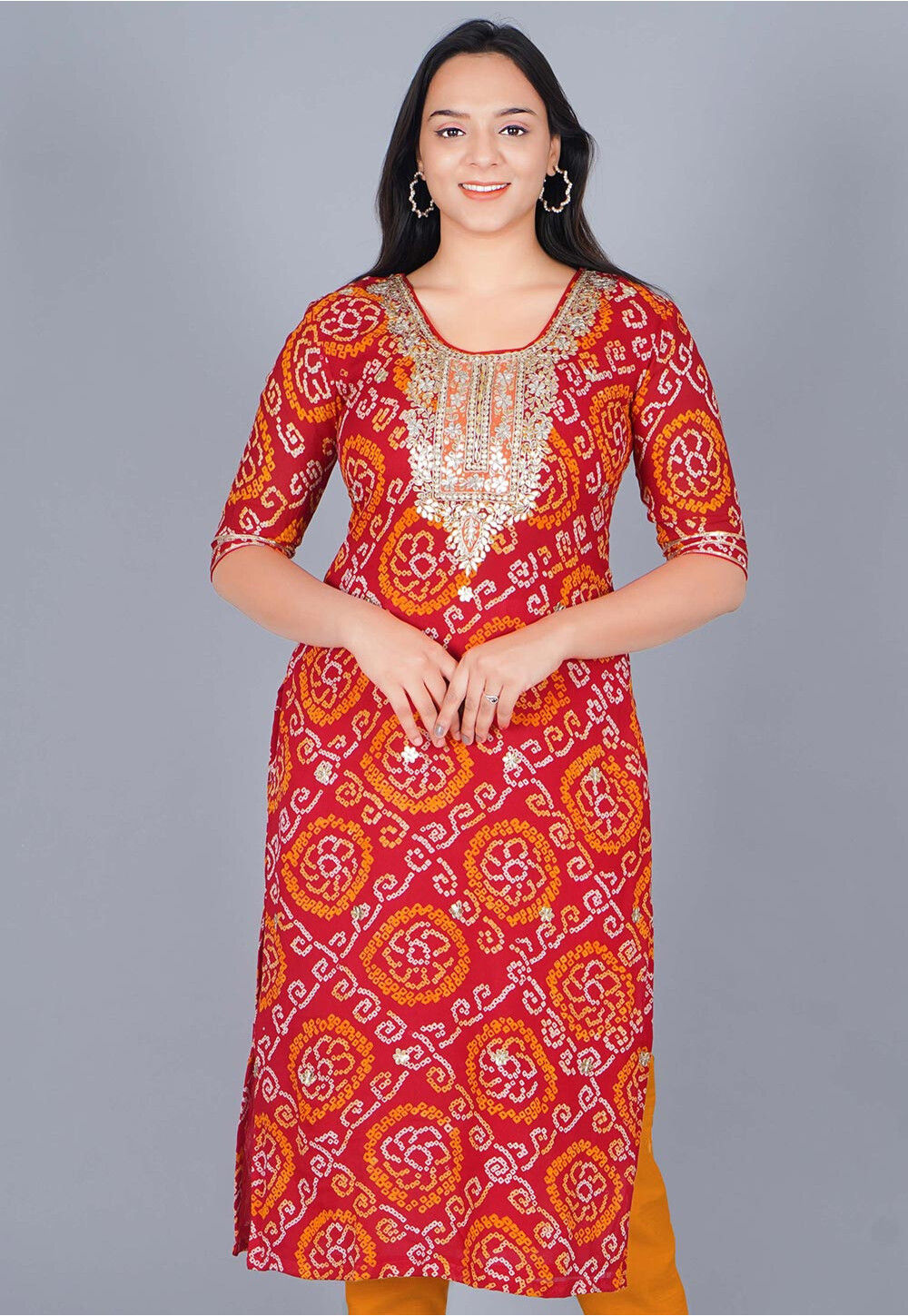 Buy Gota Embroidered Pure Chinon Crepe Straight Kurta In Red Online