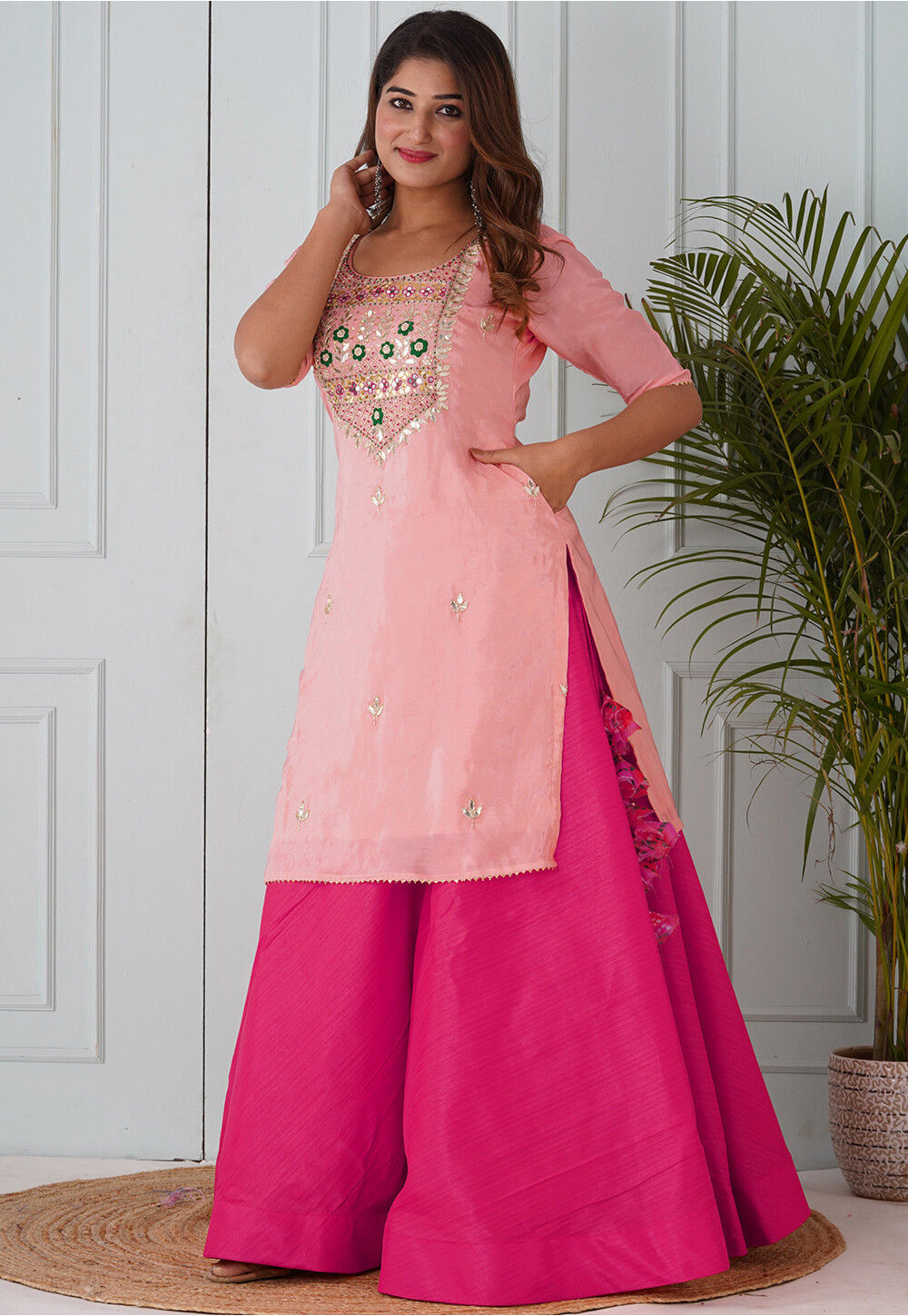 Buy Gota Patti Uppada Silk Straight Kurta Set in Peach Online : TBQ694 ...