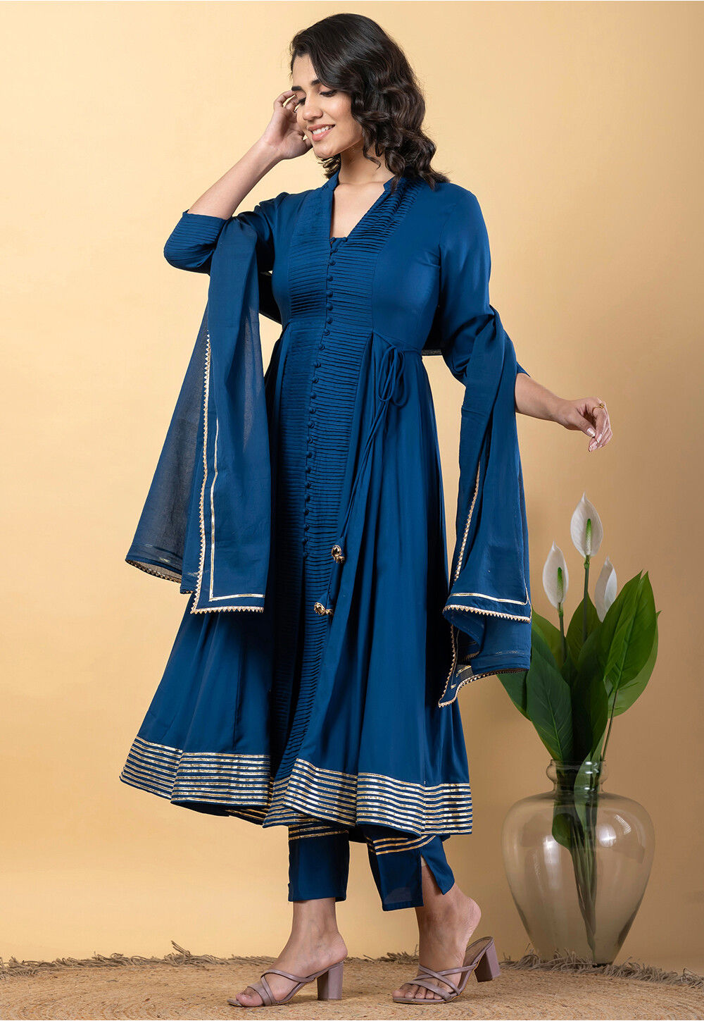 Buy Gota work Pure Rayon Front Slit Anarkali Suit in Teal Blue Online ...