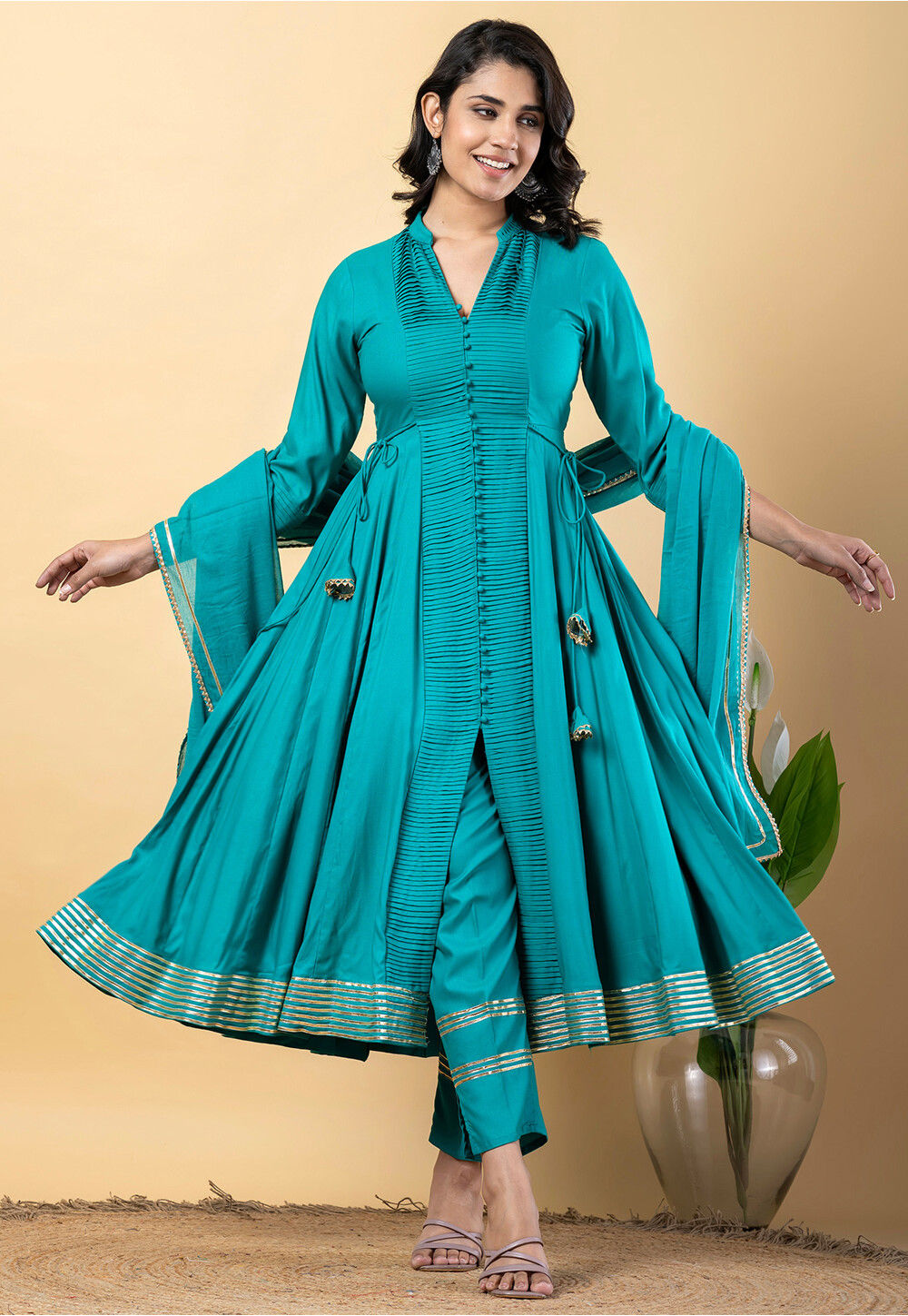 Buy Gota work Pure Rayon Front Slit Anarkali Suit in Turquoise Online ...