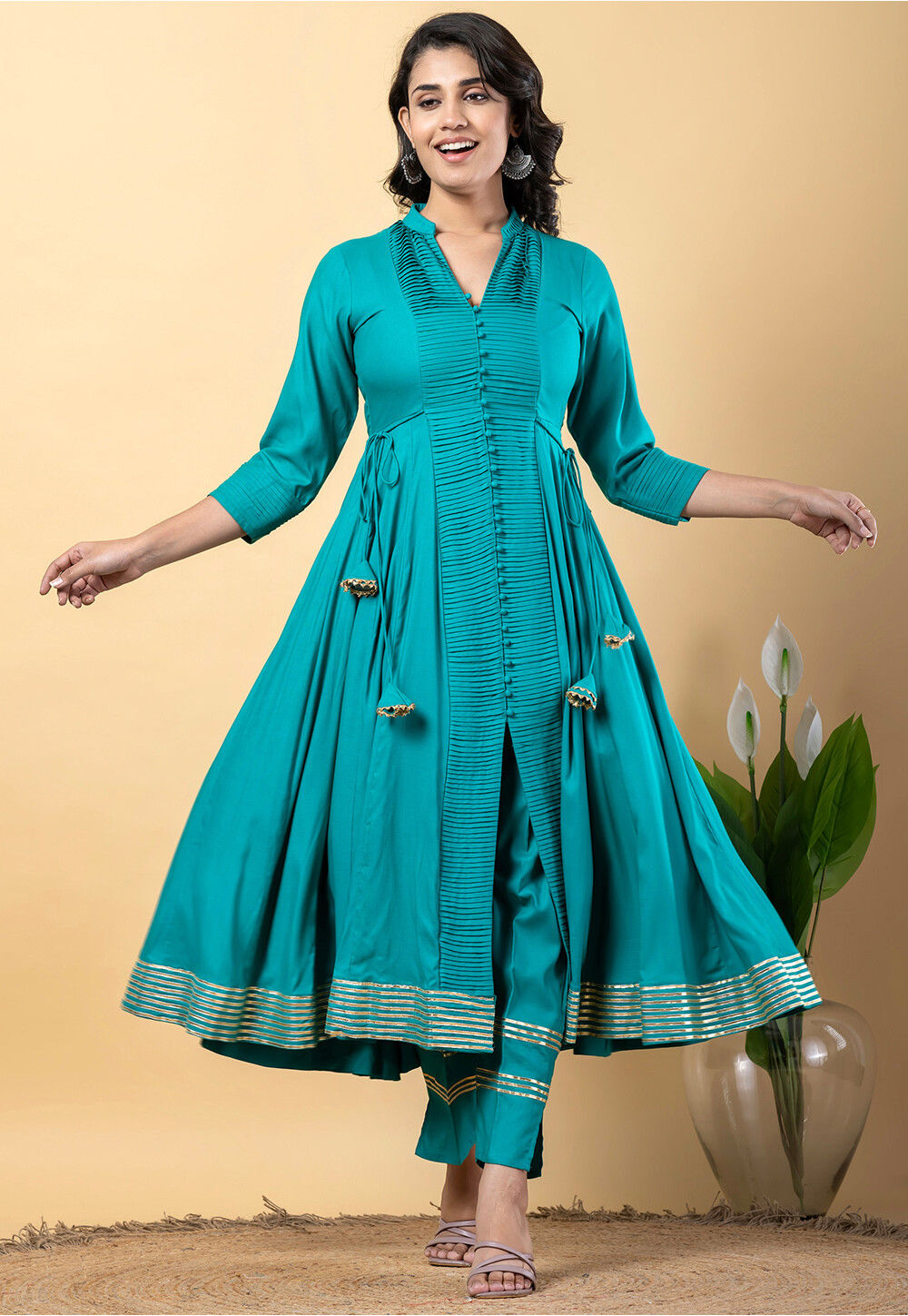 Buy Gota work Pure Rayon Front Slit Anarkali Suit in Turquoise Online ...