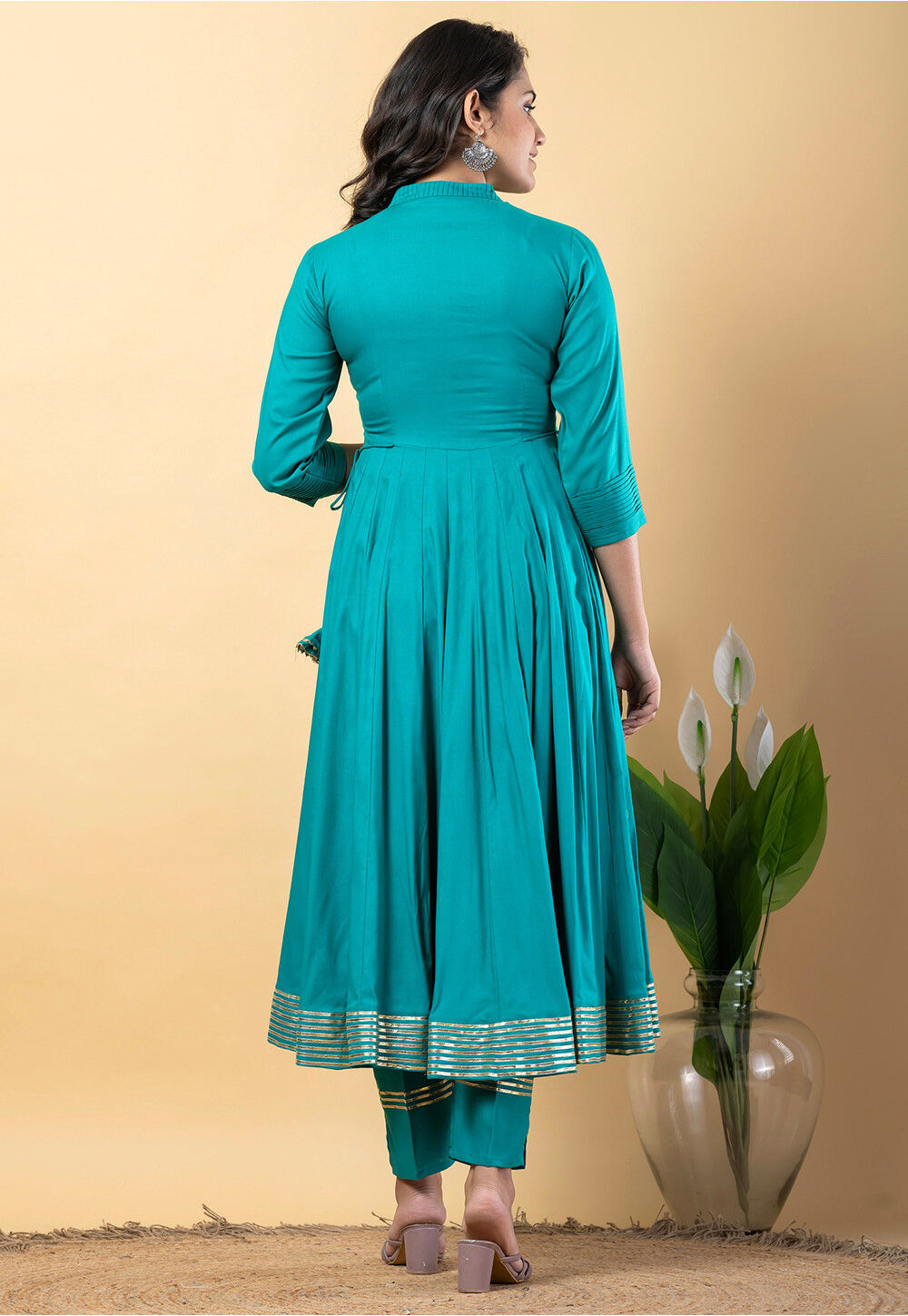 Buy Gota work Pure Rayon Front Slit Anarkali Suit in Turquoise Online ...