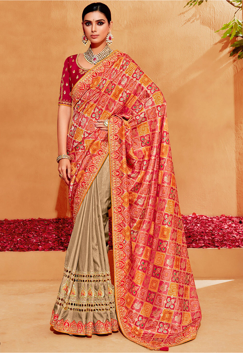 Buy Half N Half Art Silk Jacquard Saree in Multicolor and Beige Online ...