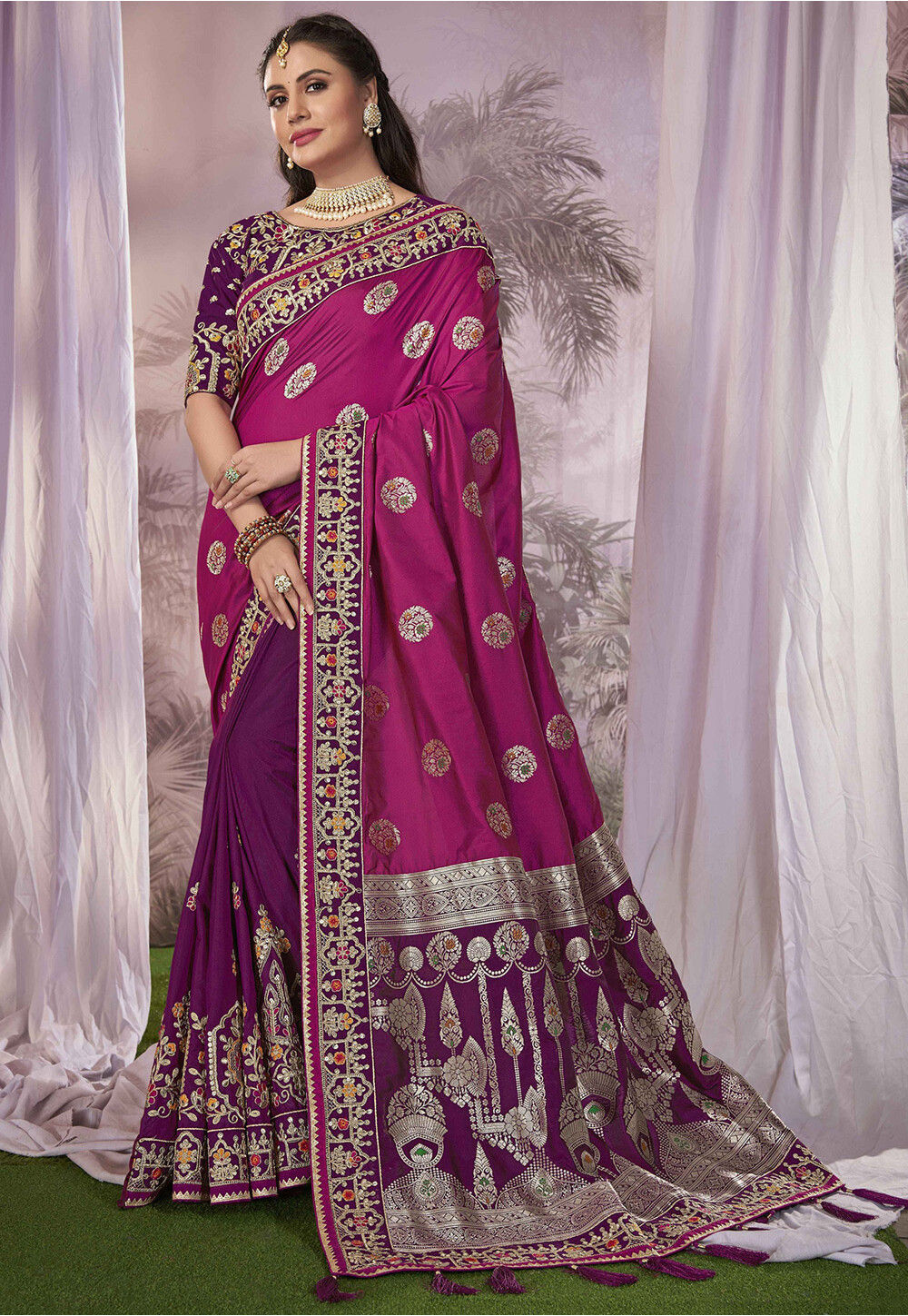 Buy Half N Half Art Silk Jacquard Saree in Pink and Purple Online ...