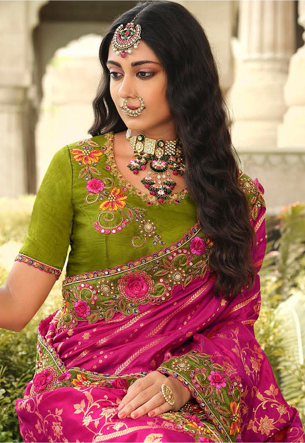 Buy Half N Half Art Silk Saree in Fuchsia and Light Green Online ...