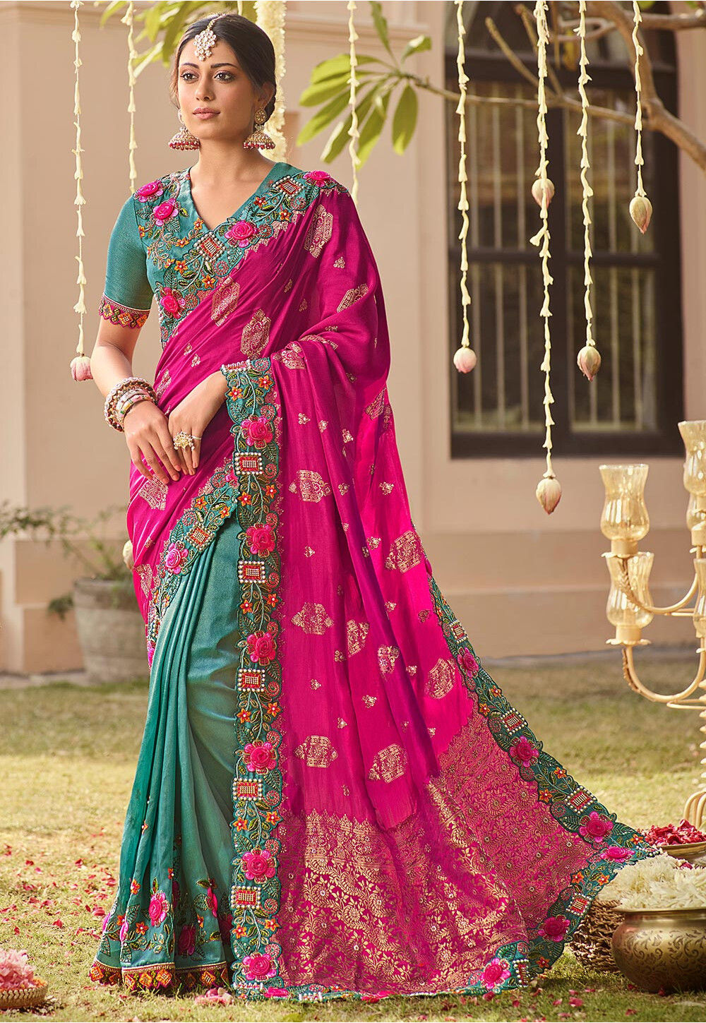 Buy Half N Half Art Silk Saree in Fuchsia and Teal Green Online ...
