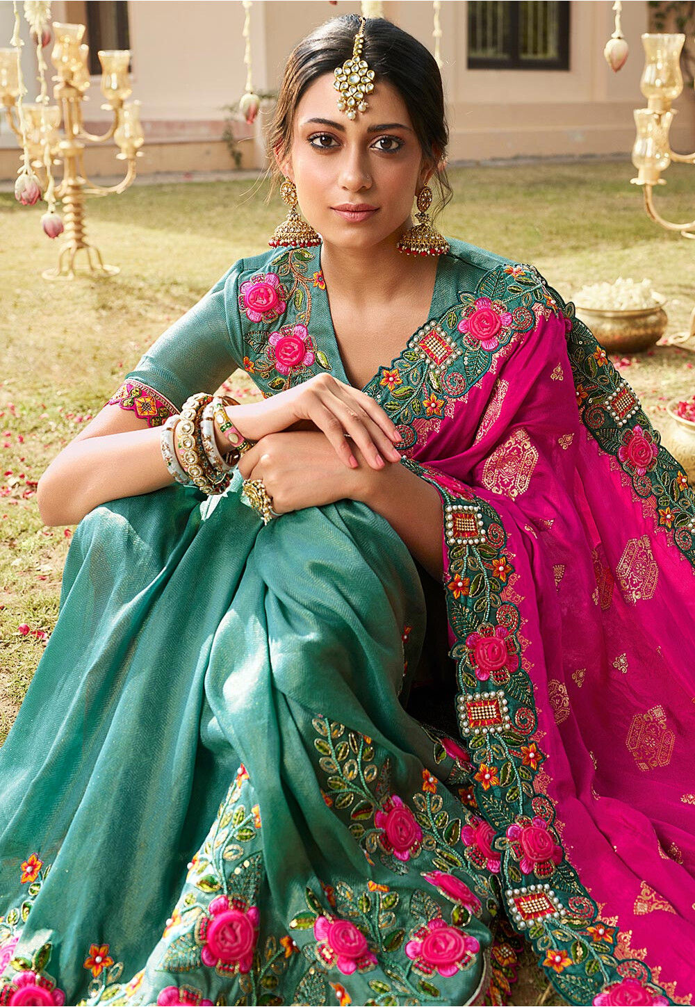 Buy Half N Half Art Silk Saree in Fuchsia and Teal Green Online ...