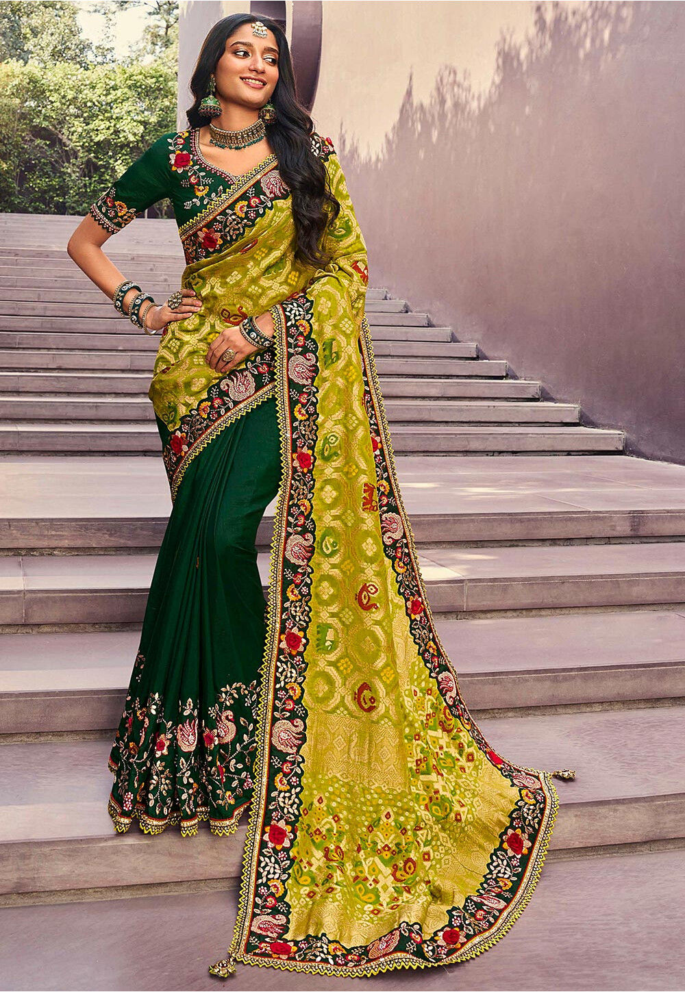 Buy Half N Half Art Silk Saree in Light Green and Bottle Green Online ...
