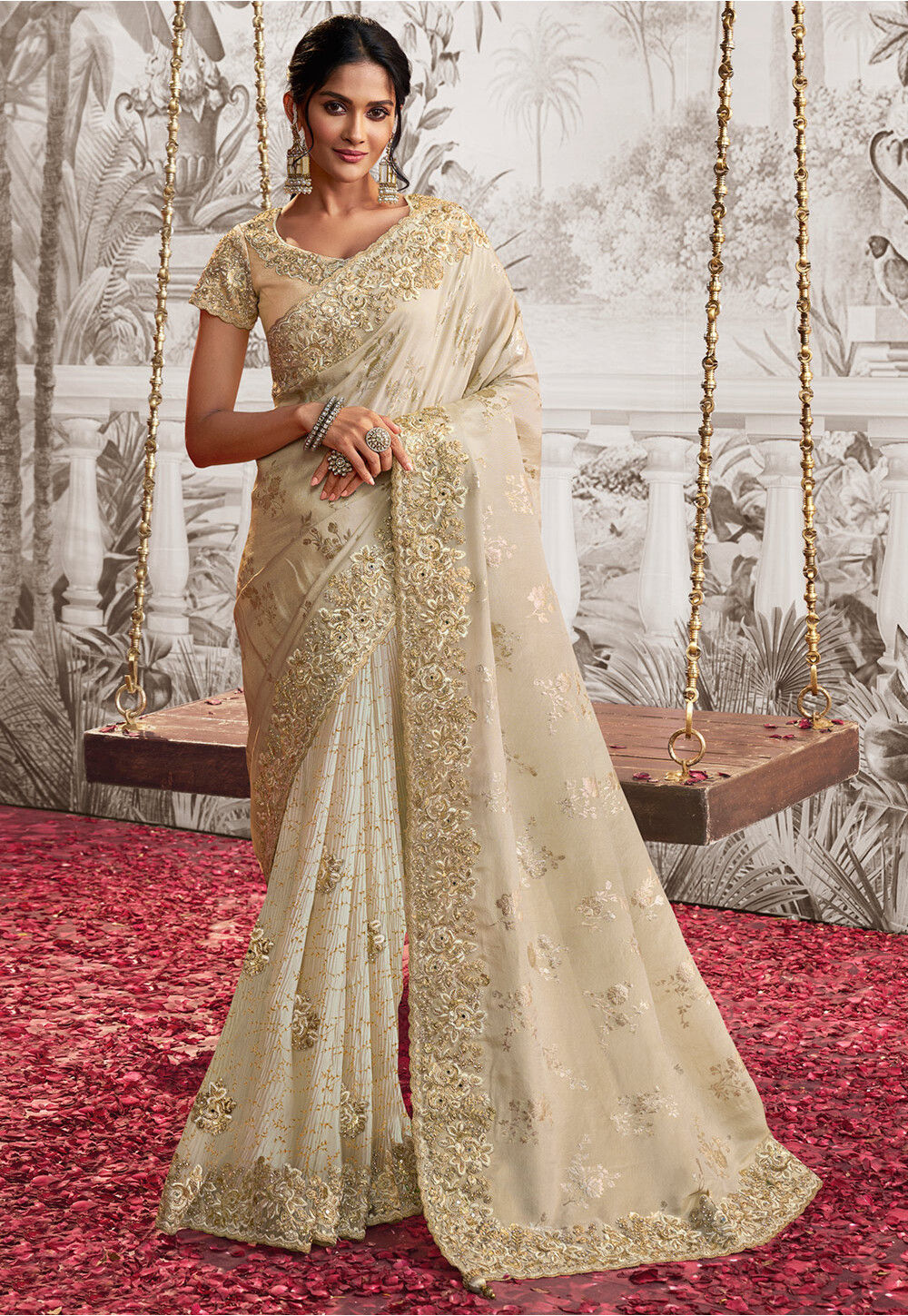Buy Half N Half Art Silk Saree in Off White Online : SVCA100 - Utsav ...